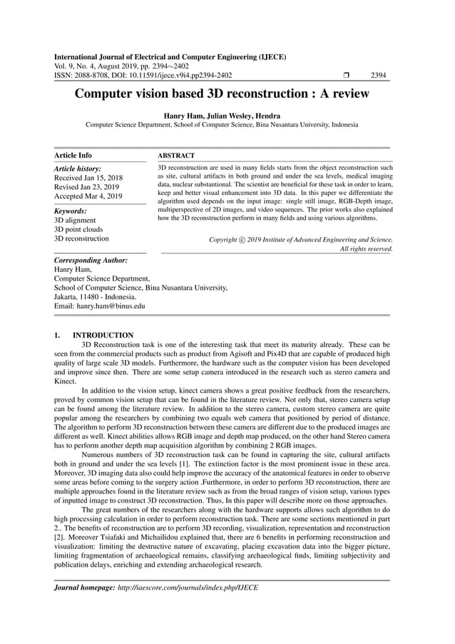 Computer Vision Based 3d Reconstruction A Review Pdf
