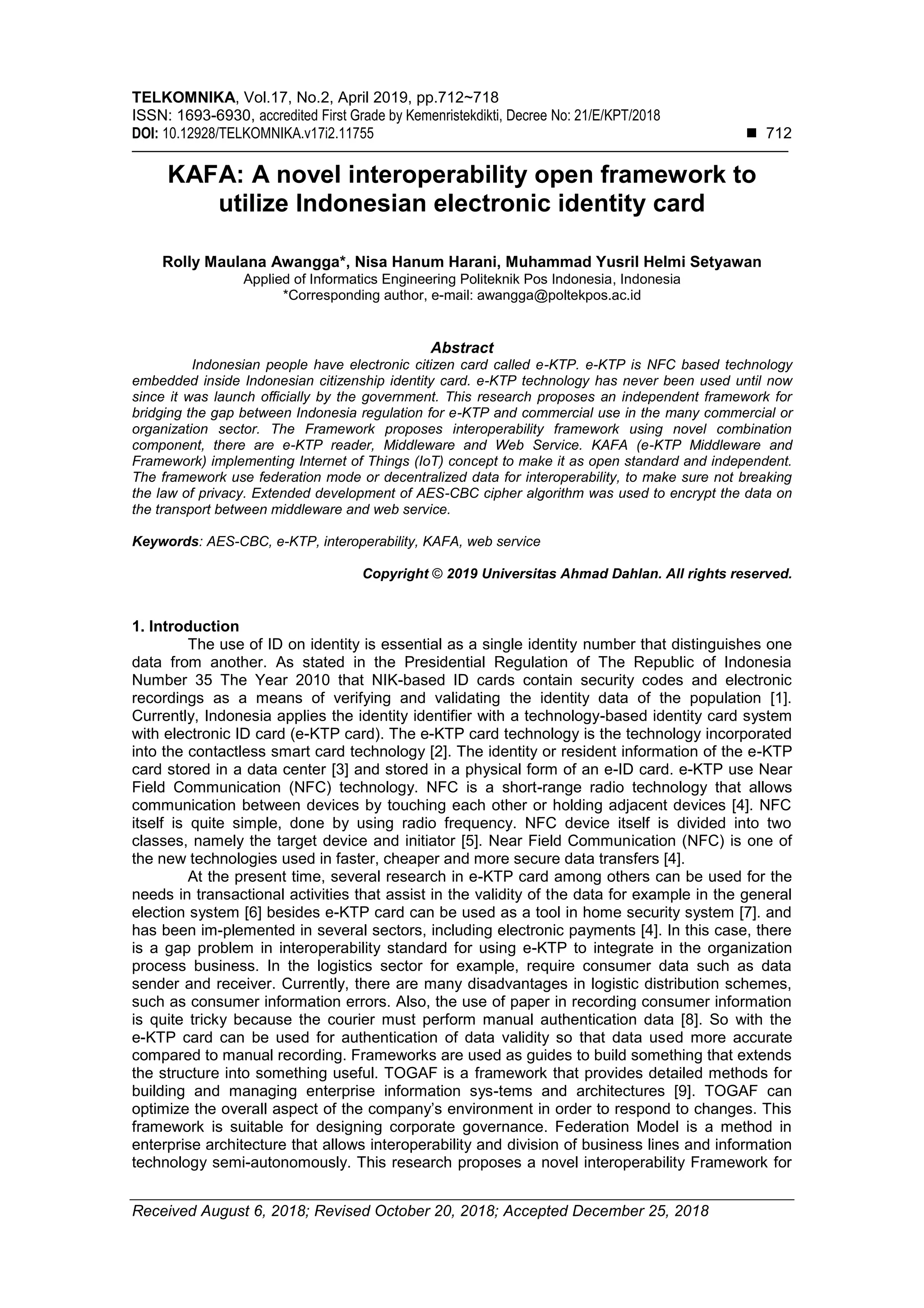 KAFA: A novel interoperability open framework to utilize Indonesian electronic identity card | PDF