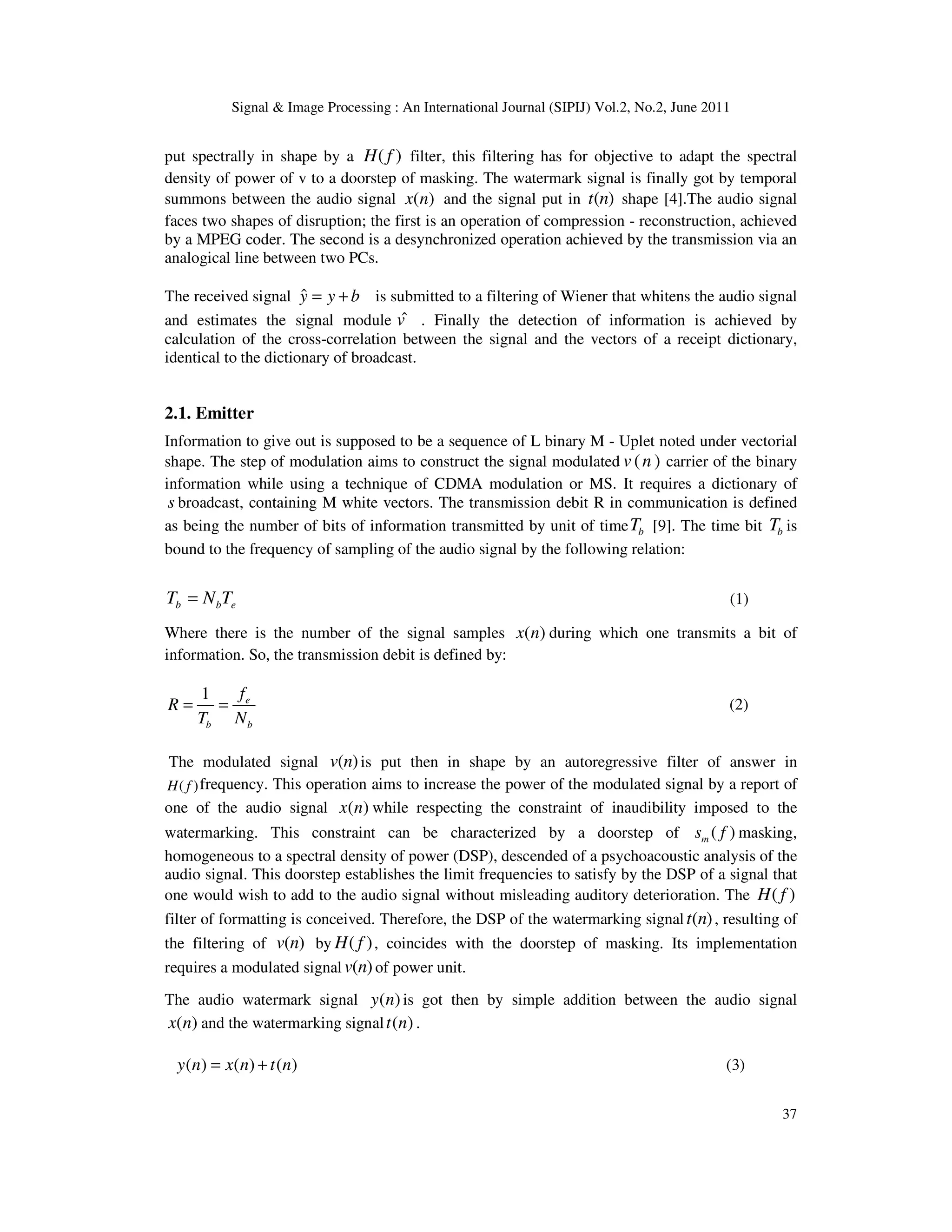 Digital Audio Watermarking Using Psychoacoustic Model and CDMA Modulation | PDF