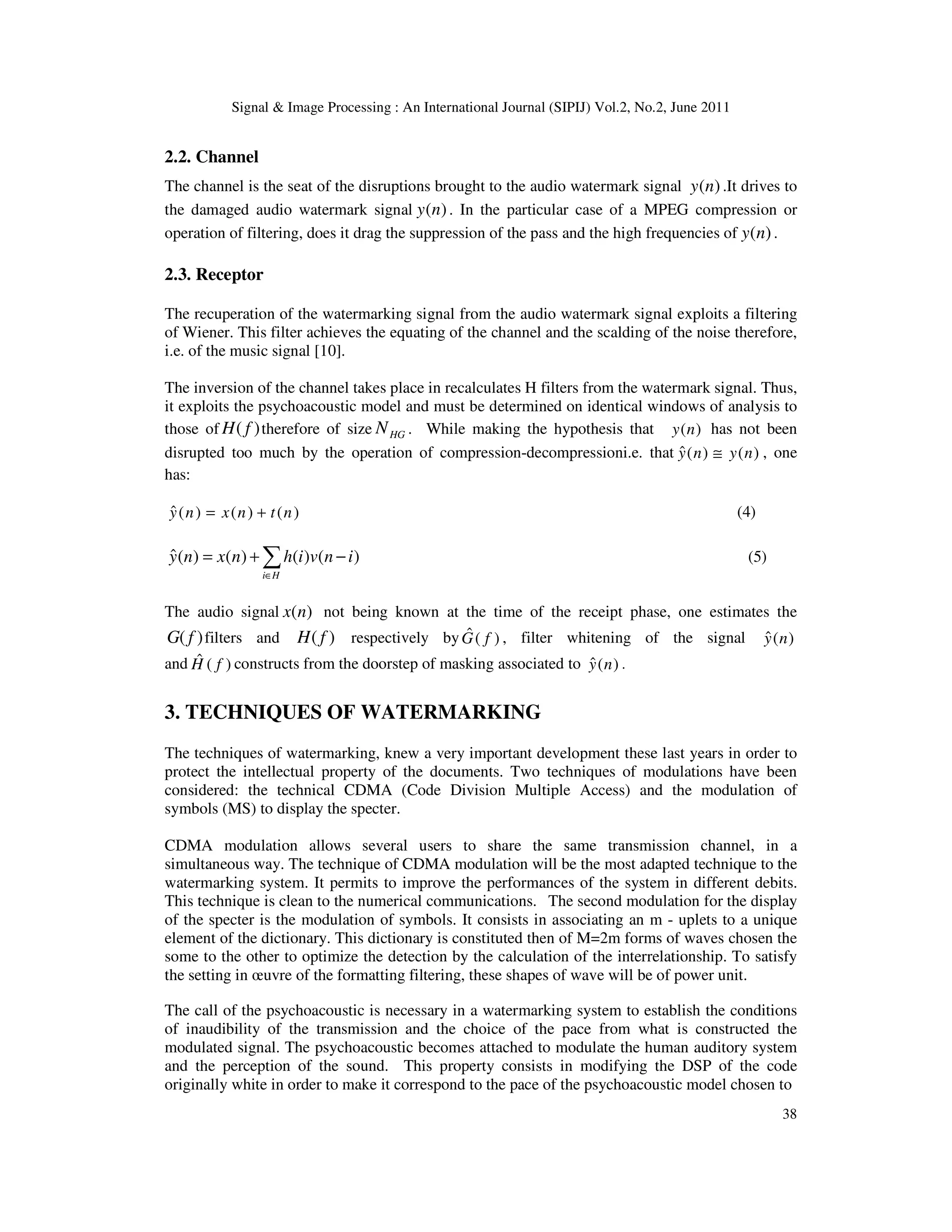 Digital Audio Watermarking Using Psychoacoustic Model and CDMA Modulation | PDF