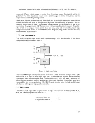 PERFORMANCE OF DIFFERENT CMOS LOGIC STYLES FOR LOW POWER AND HIGH SPEED ...