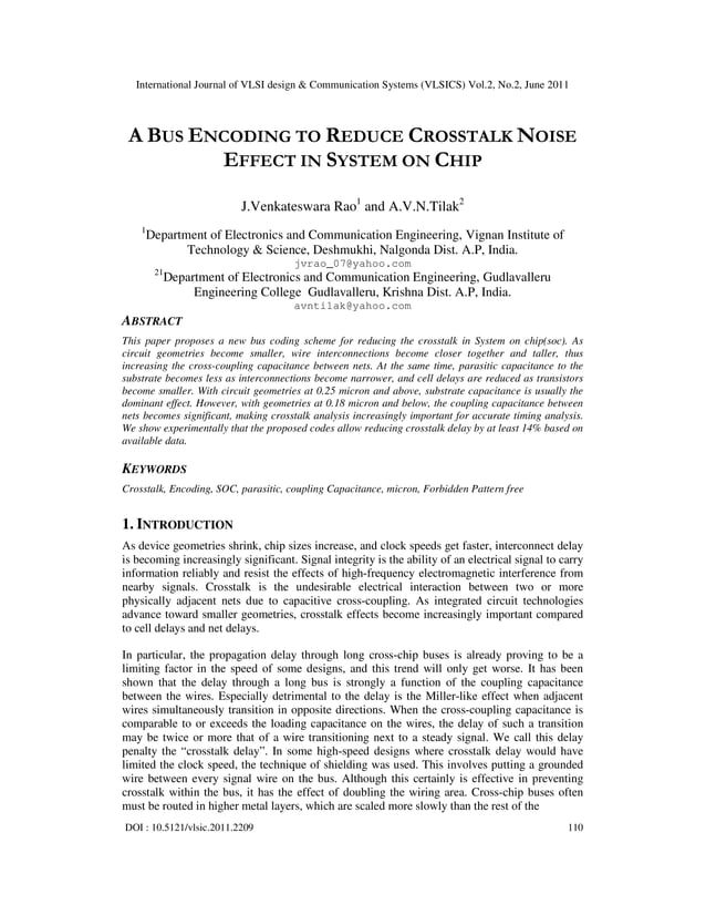 A BUS ENCODING TO REDUCE CROSSTALK NOISE EFFECT IN SYSTEM ON CHIP | PDF