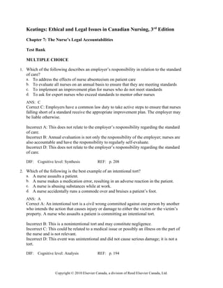 Ethical and Legal Issues in Canadian Nursing 3rd Edition Keatings Test ...