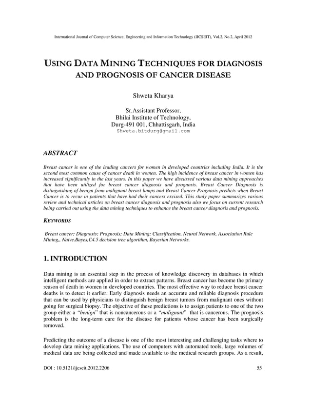 USING DATA MINING TECHNIQUES FOR DIAGNOSIS AND PROGNOSIS OF CANCER DISEASE | PDF