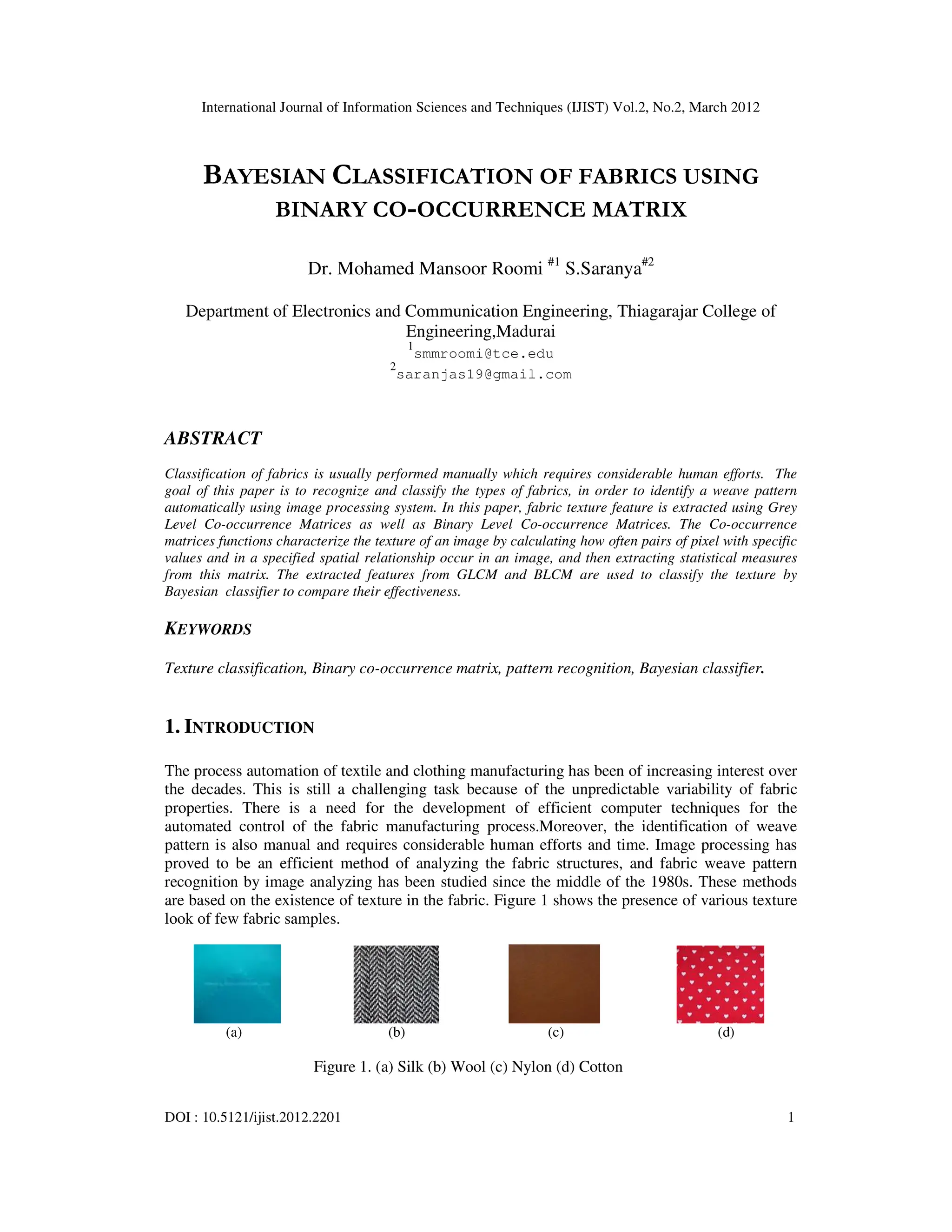 BAYESIAN CLASSIFICATION OF FABRICS USING BINARY CO-OCCURRENCE MATRIX | PDF