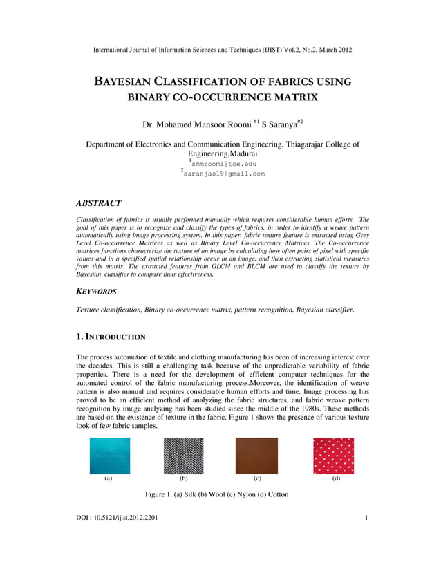 BAYESIAN CLASSIFICATION OF FABRICS USING BINARY CO-OCCURRENCE MATRIX | PDF