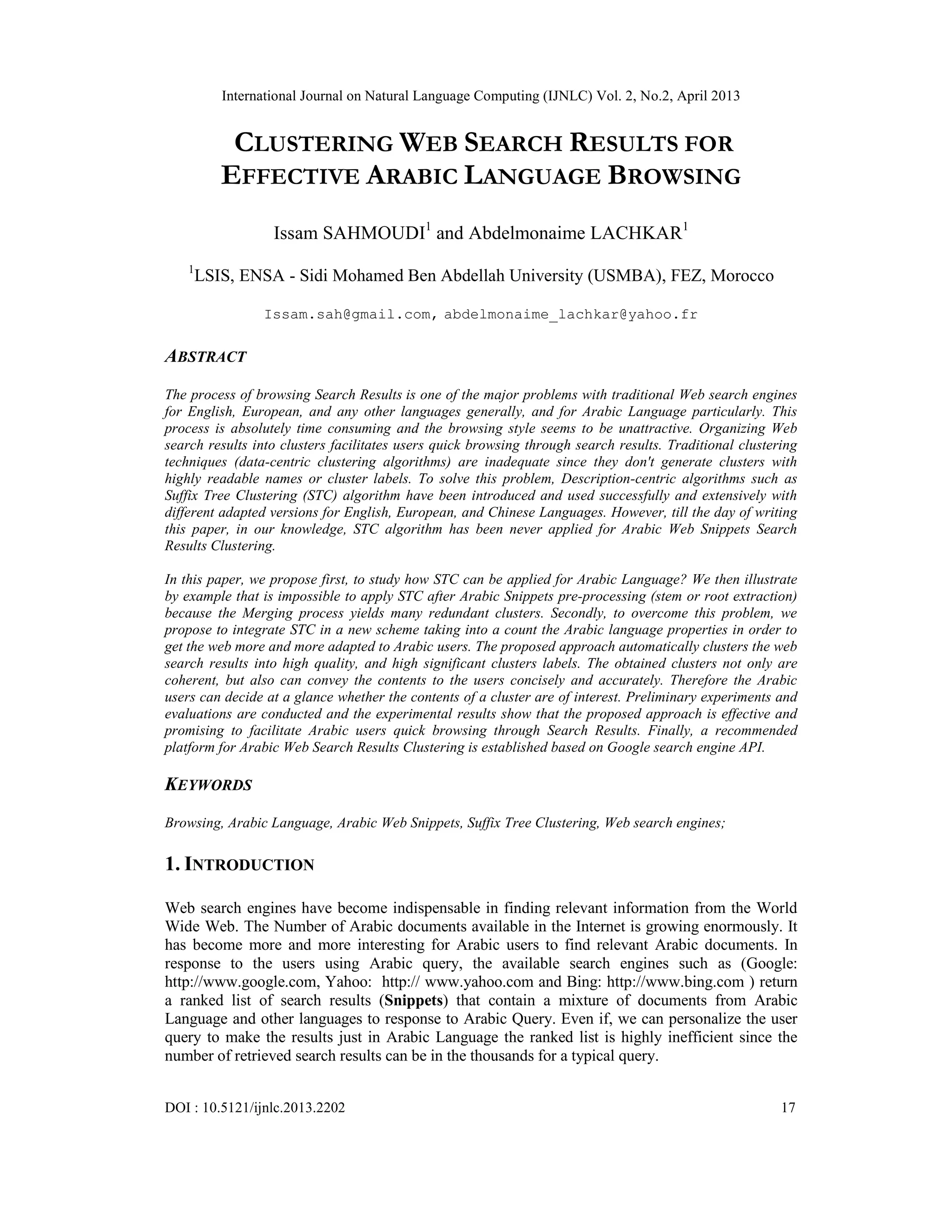 Clustering Web Search Results for Effective Arabic Language Browsing | PDF