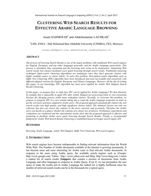 Clustering Web Search Results for Effective Arabic Language Browsing | PDF