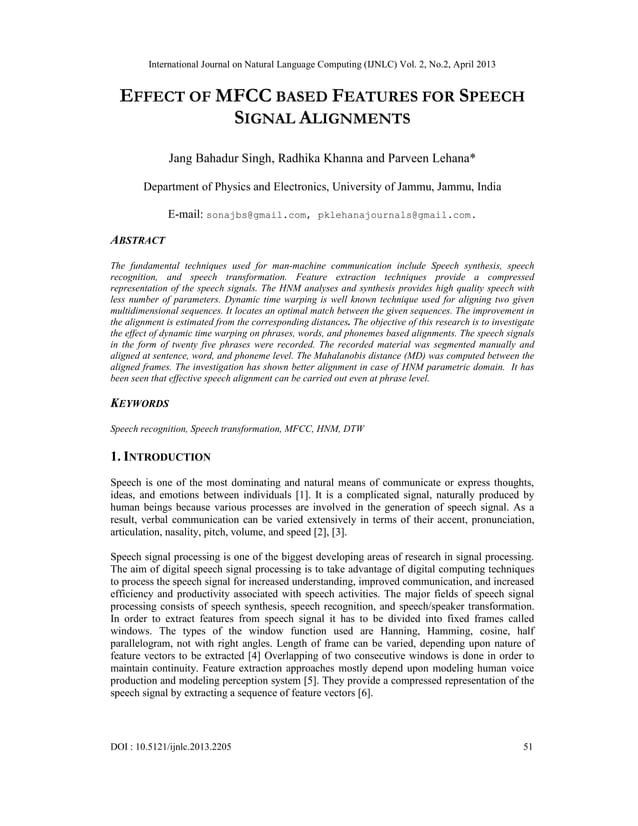 Effect of MFCC Based Features for Speech Signal Alignments | PDF