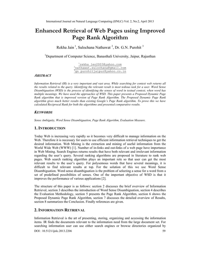Enhanced Retrieval of Web Pages using Improved Page Rank Algorithm | PDF