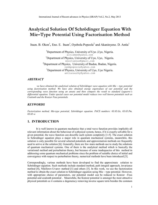 Analytical Solution Of Schrödinger Equation With Mie–Type Potential Using Factorisation Method | PDF
