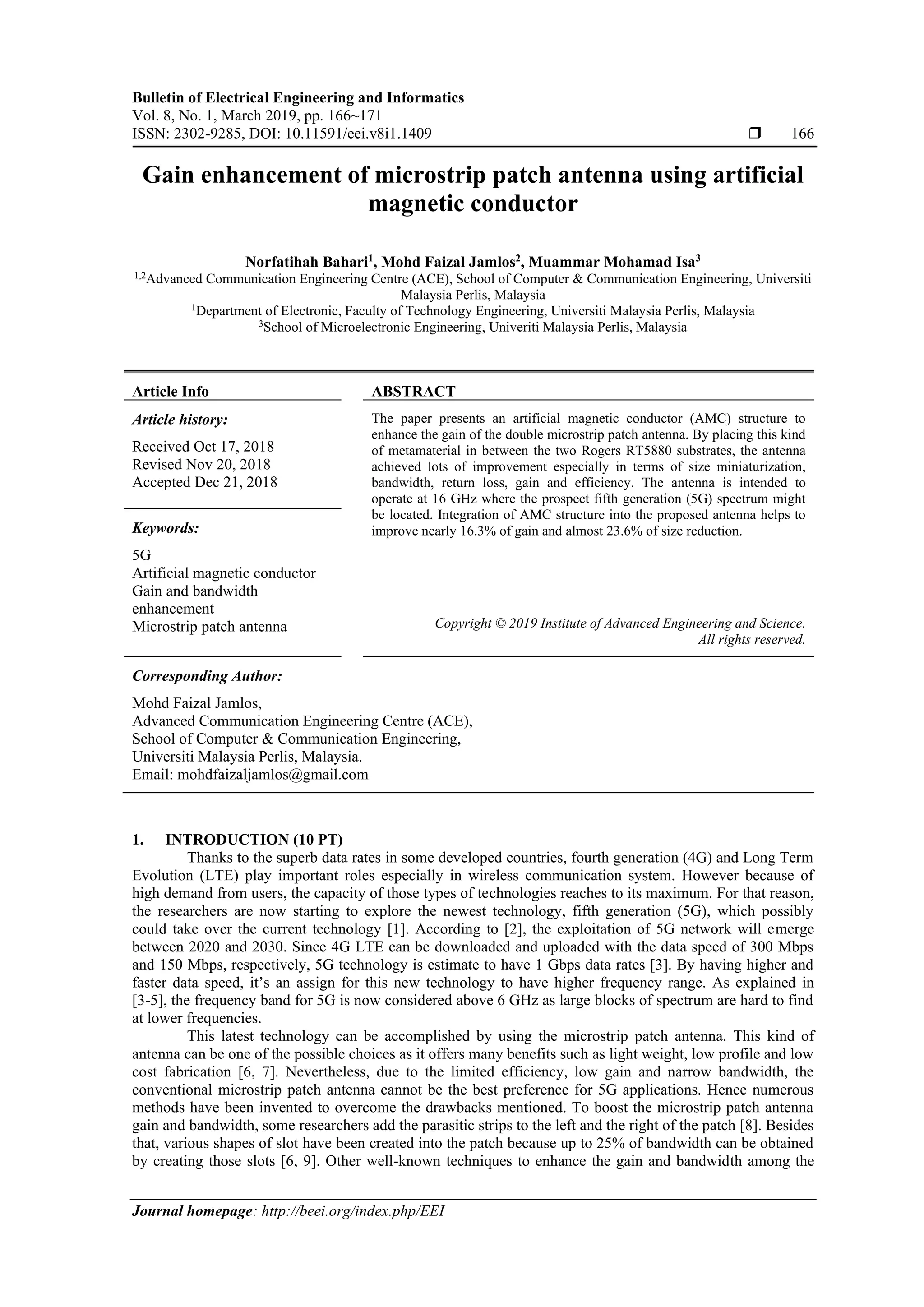 Gain enhancement of microstrip patch antenna using artificial magnetic conductor | PDF
