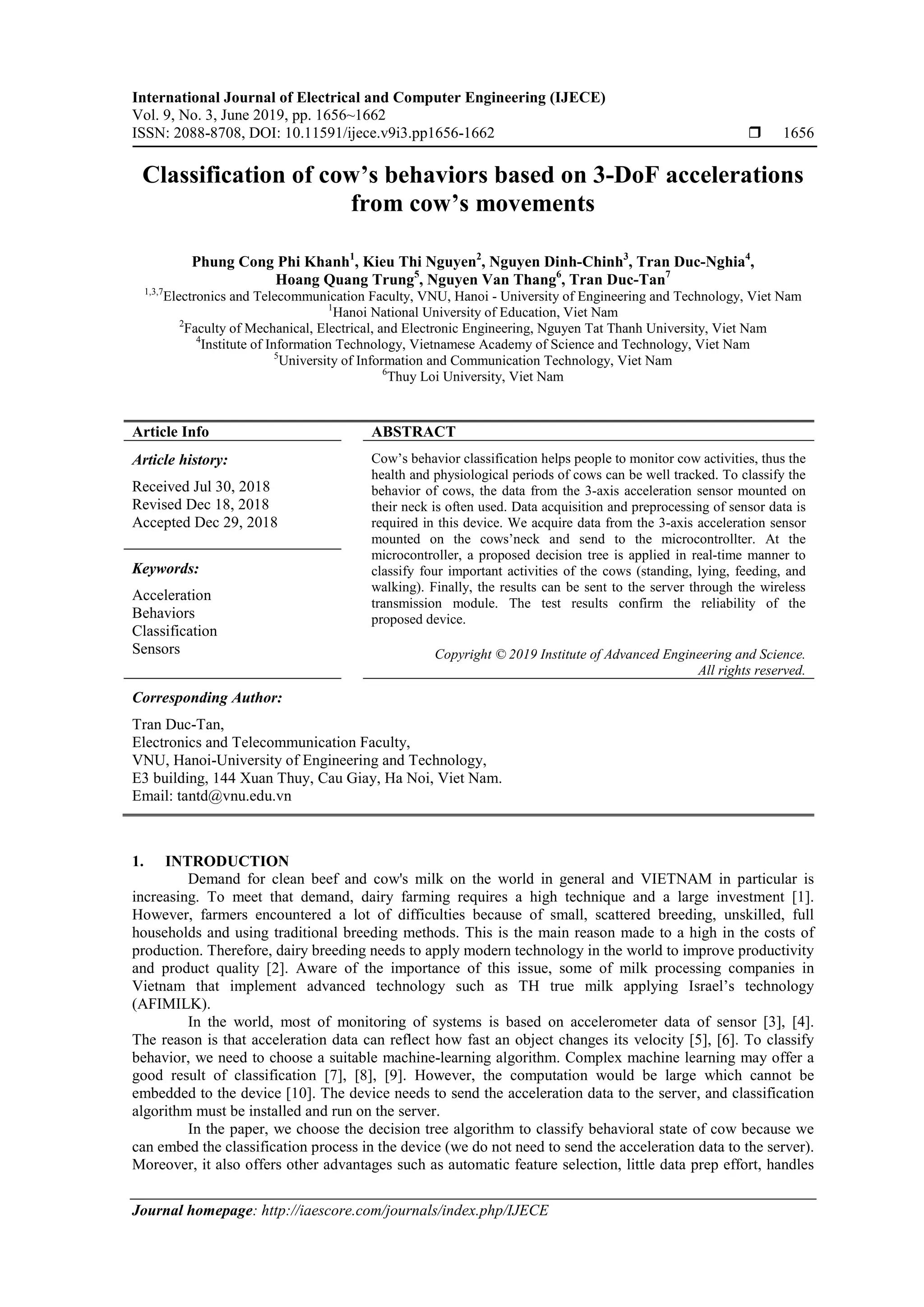 Classification of cow’s behaviors based on 3-DoF accelerations from cow ...