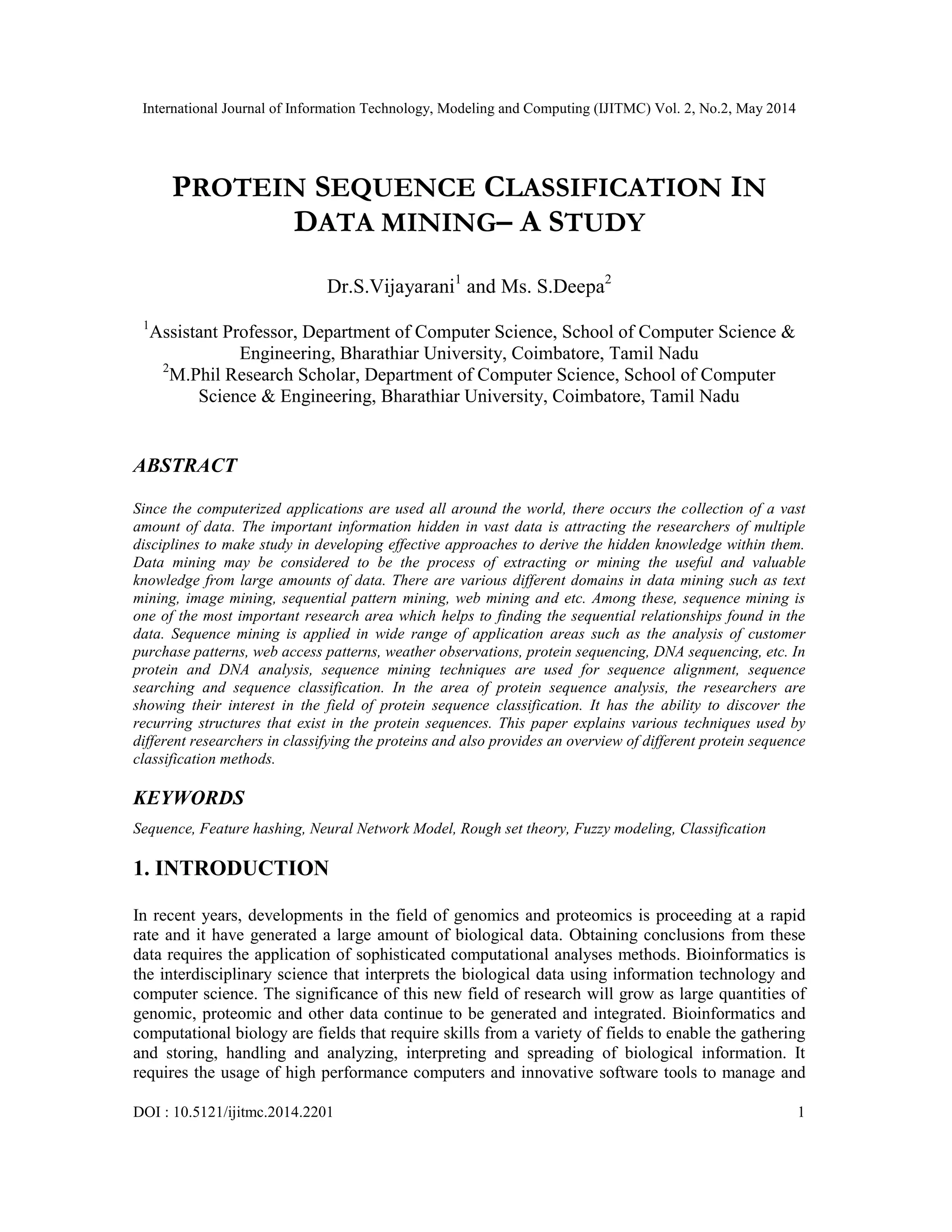 PROTEIN SEQUENCE CLASSIFICATION IN DATA MINING– A STUDY | PDF
