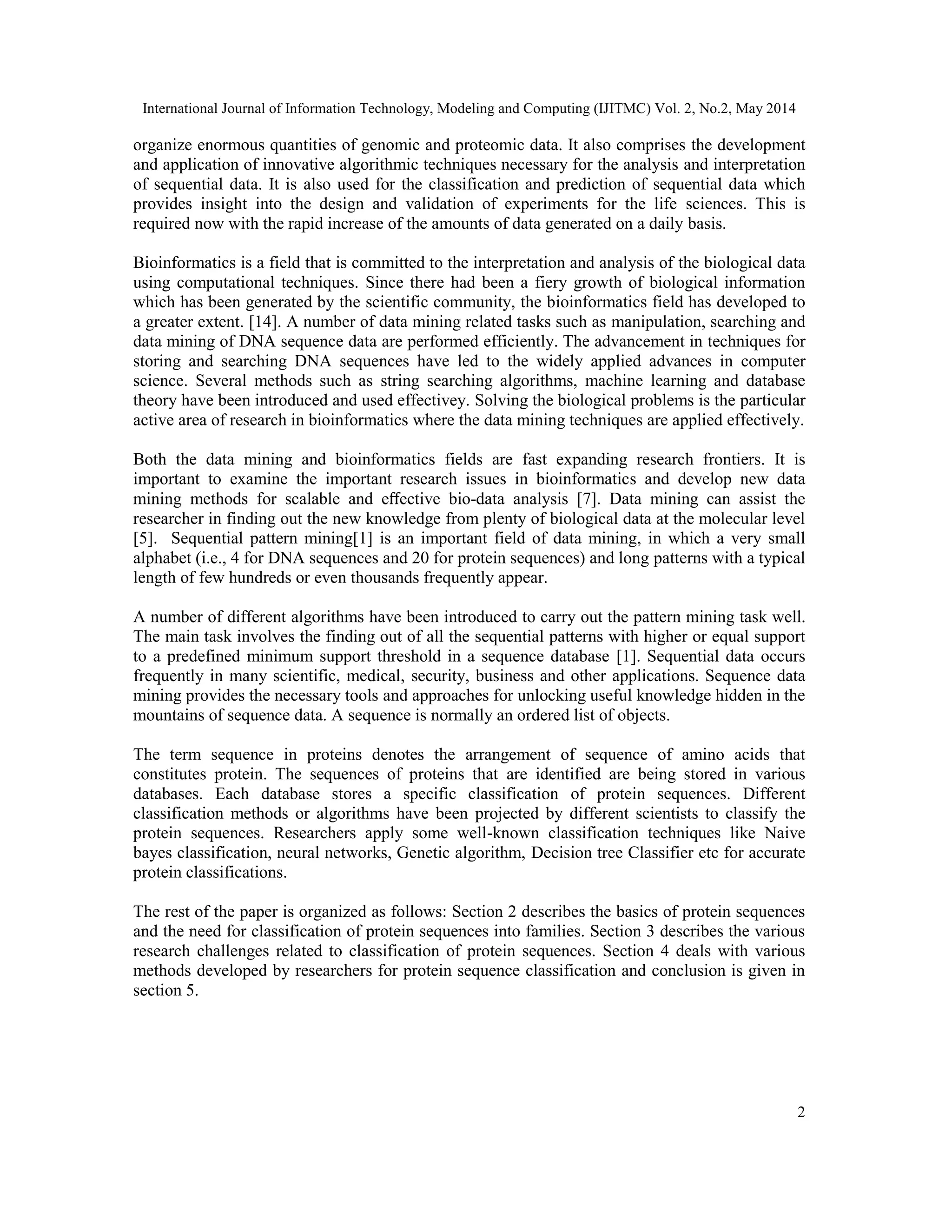 PROTEIN SEQUENCE CLASSIFICATION IN DATA MINING– A STUDY | PDF