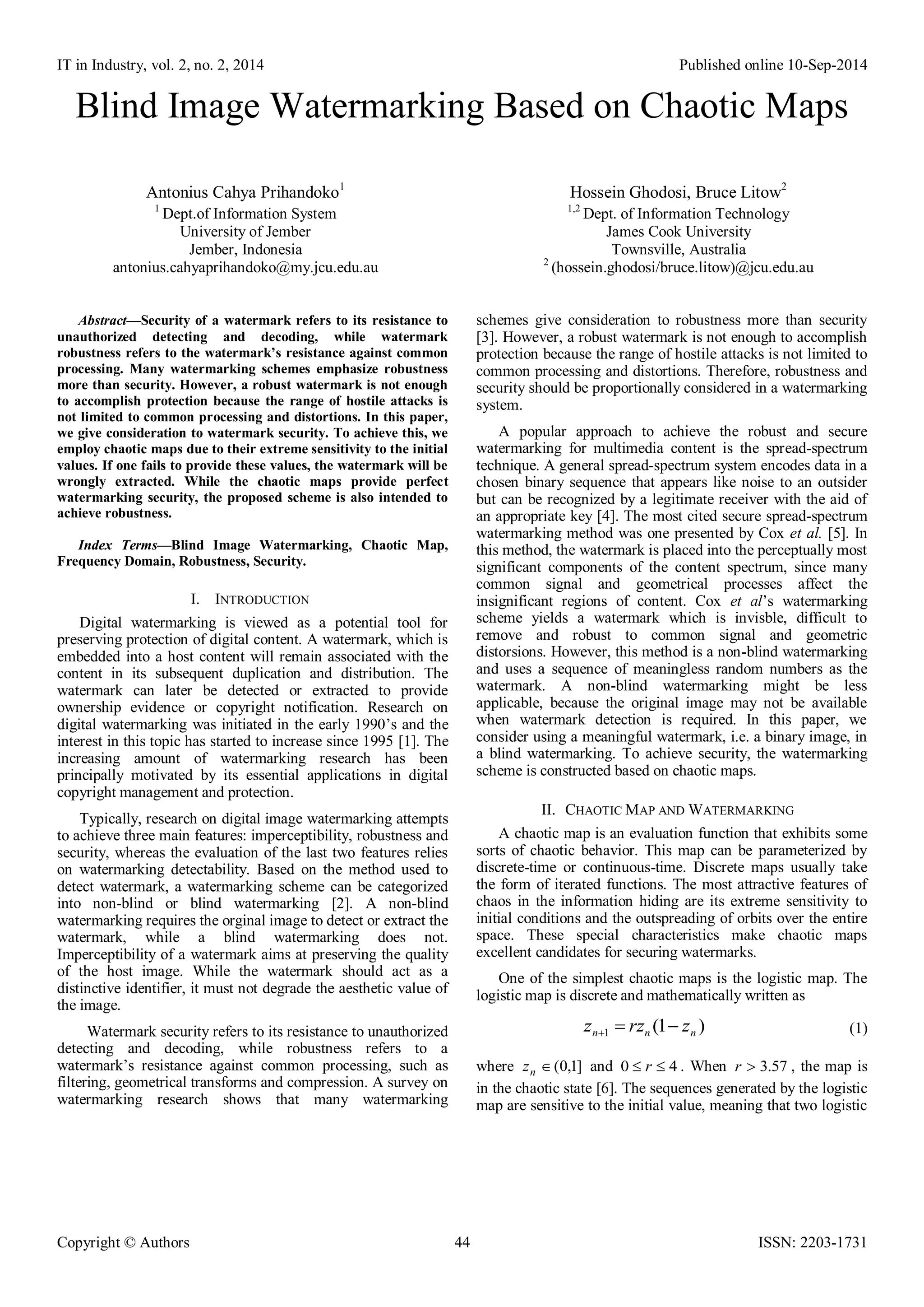 Blind Image Watermarking Based on Chaotic Maps | PDF