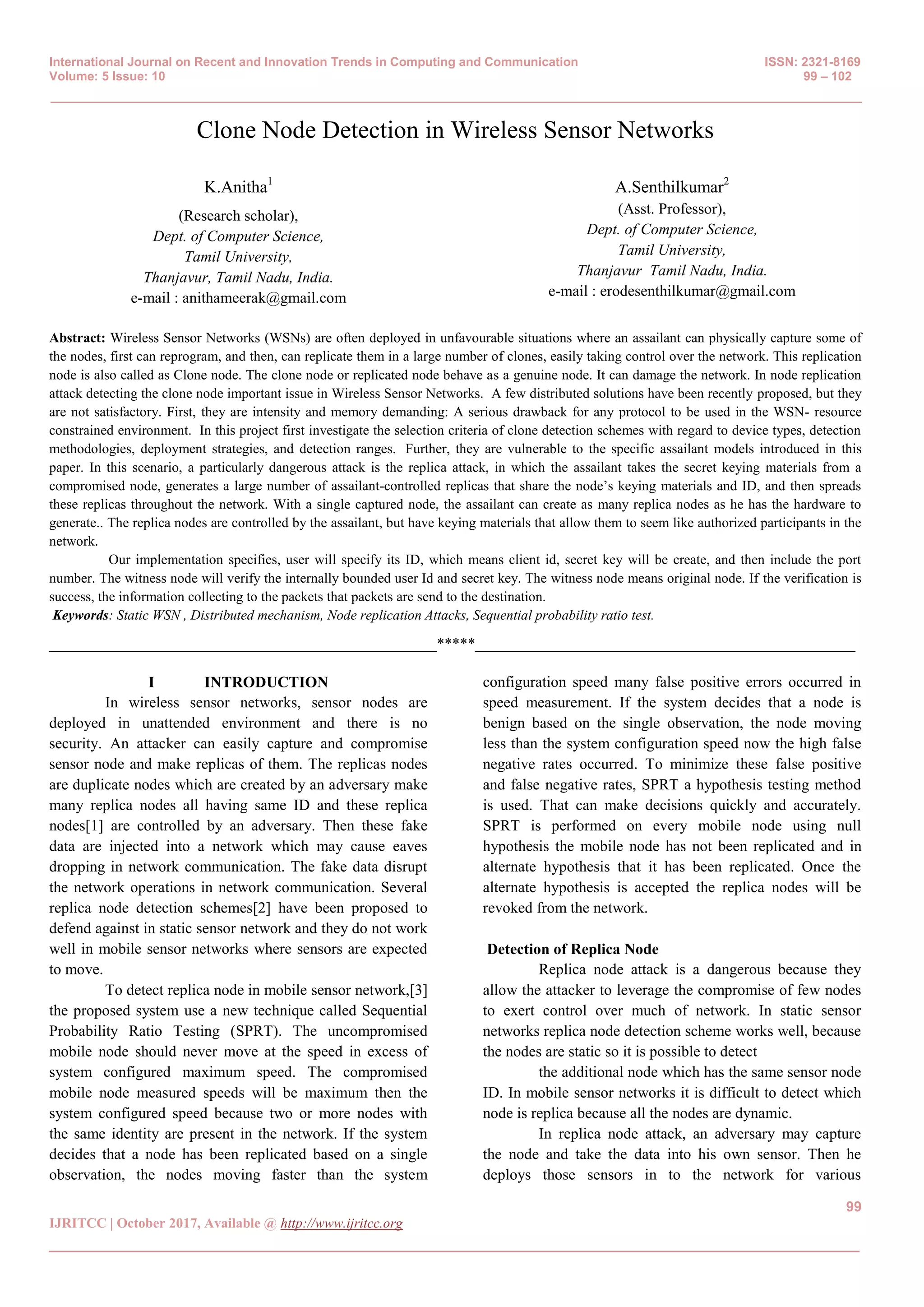 Clone Node Detection In Wireless Sensor Networks Pdf