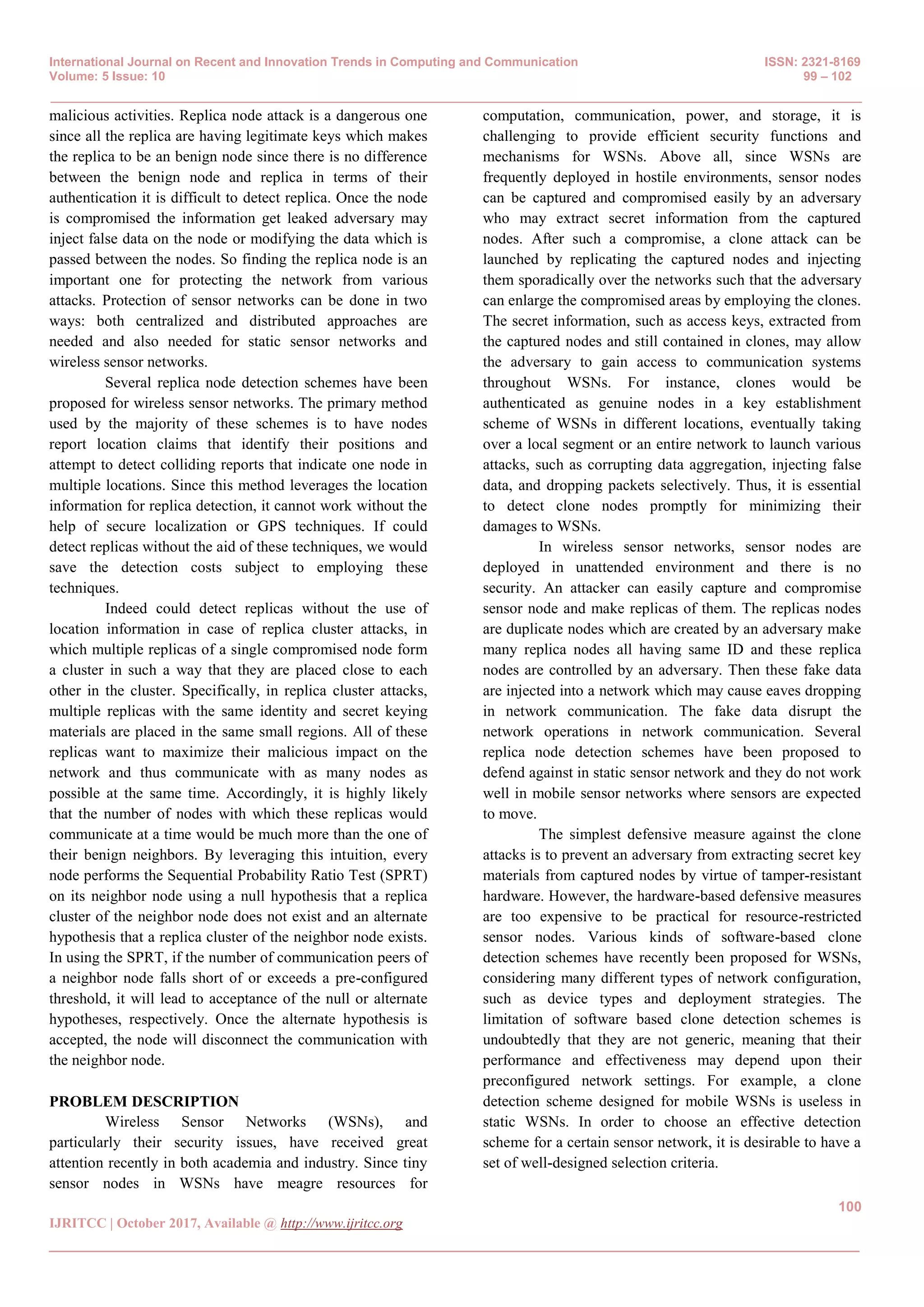Clone Node Detection In Wireless Sensor Networks Pdf