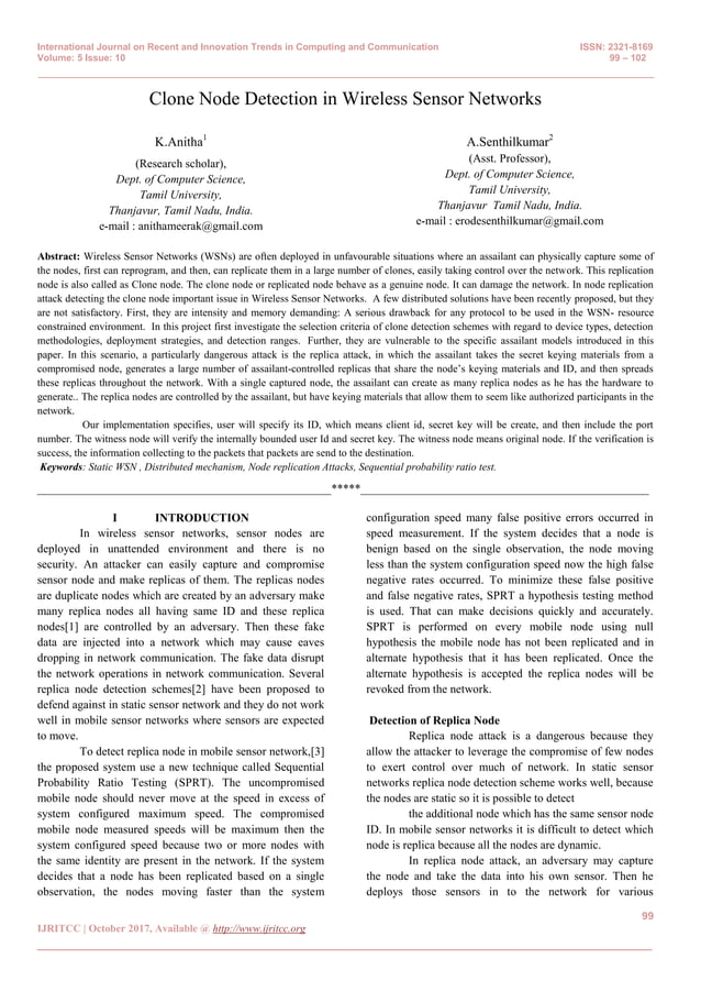 Clone Node Detection In Wireless Sensor Networks Pdf