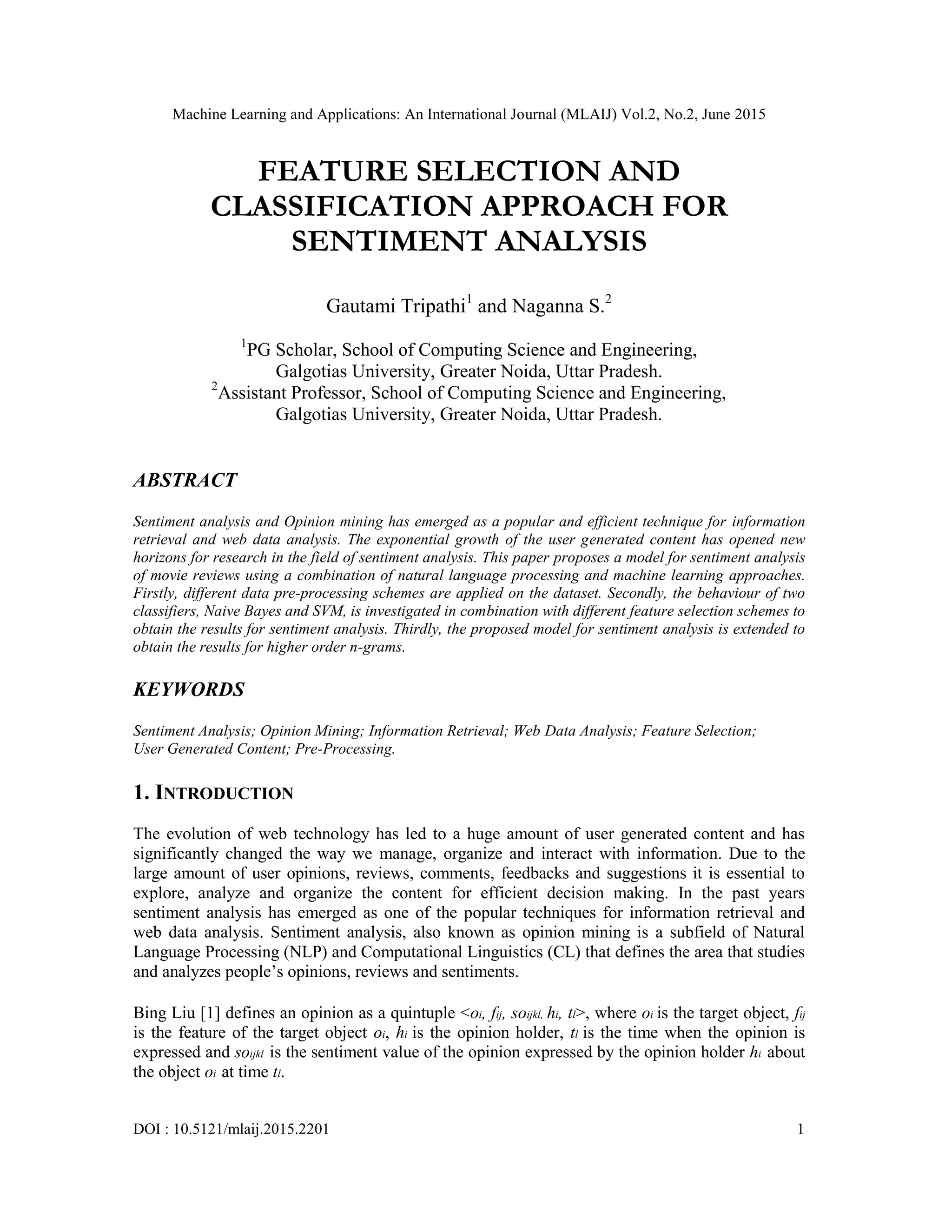 FEATURE SELECTION AND CLASSIFICATION APPROACH FOR SENTIMENT ANALYSIS | PDF