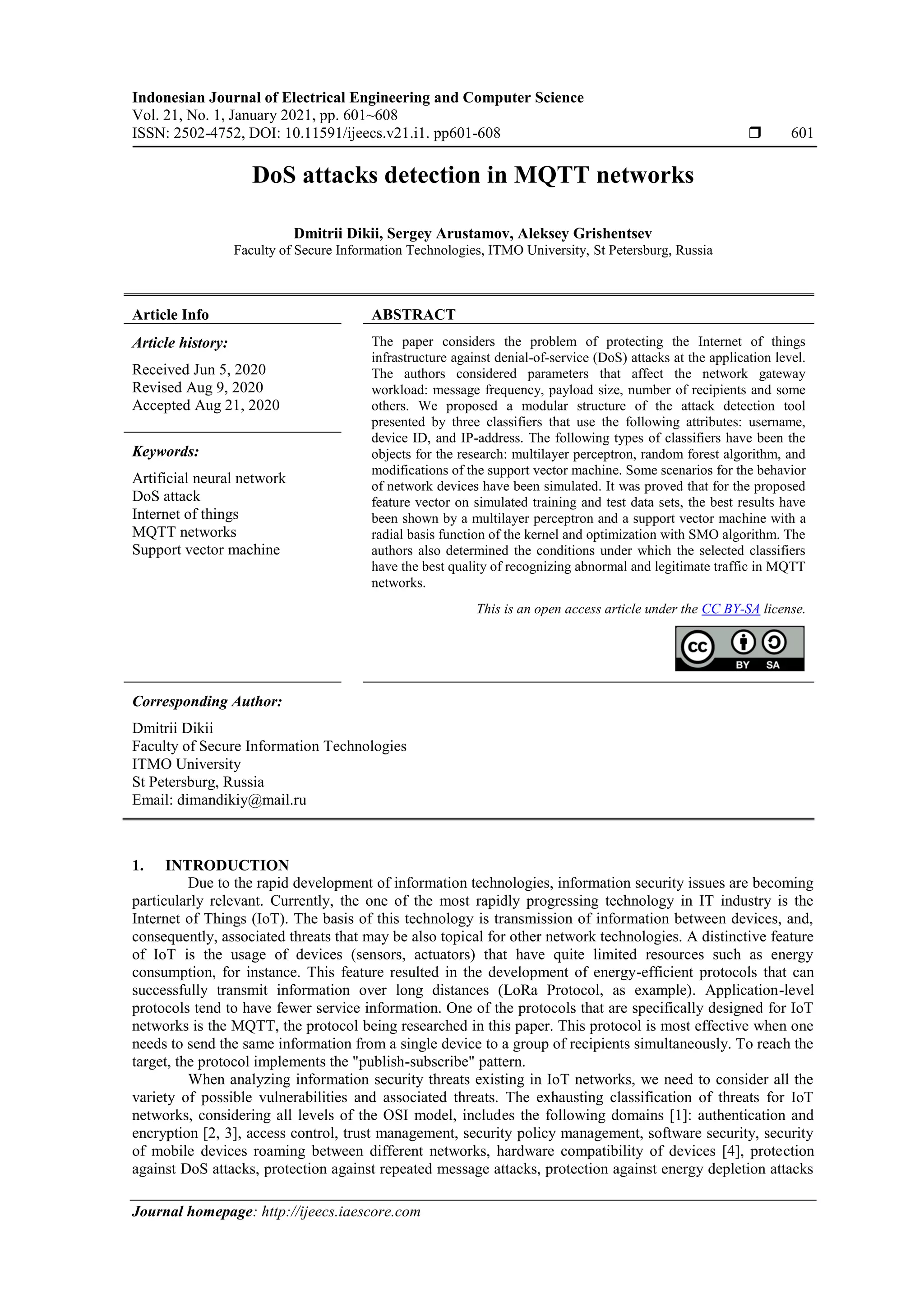 Dos Attacks Detection In Mqtt Networks Pdf