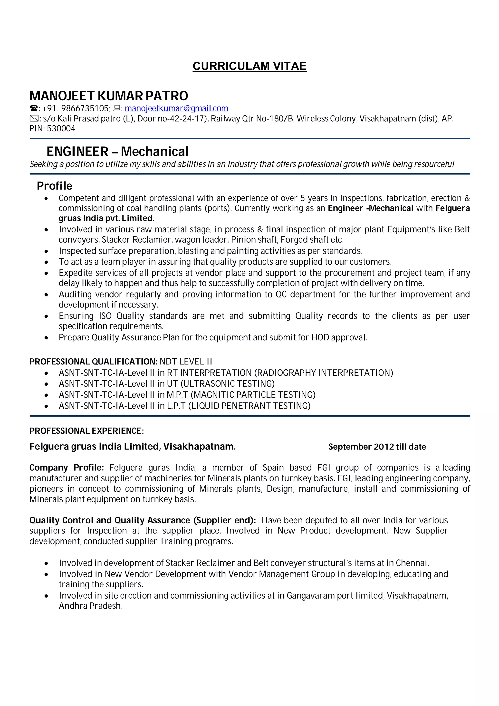 Manojeet Kumar CV-Inspections | PDF