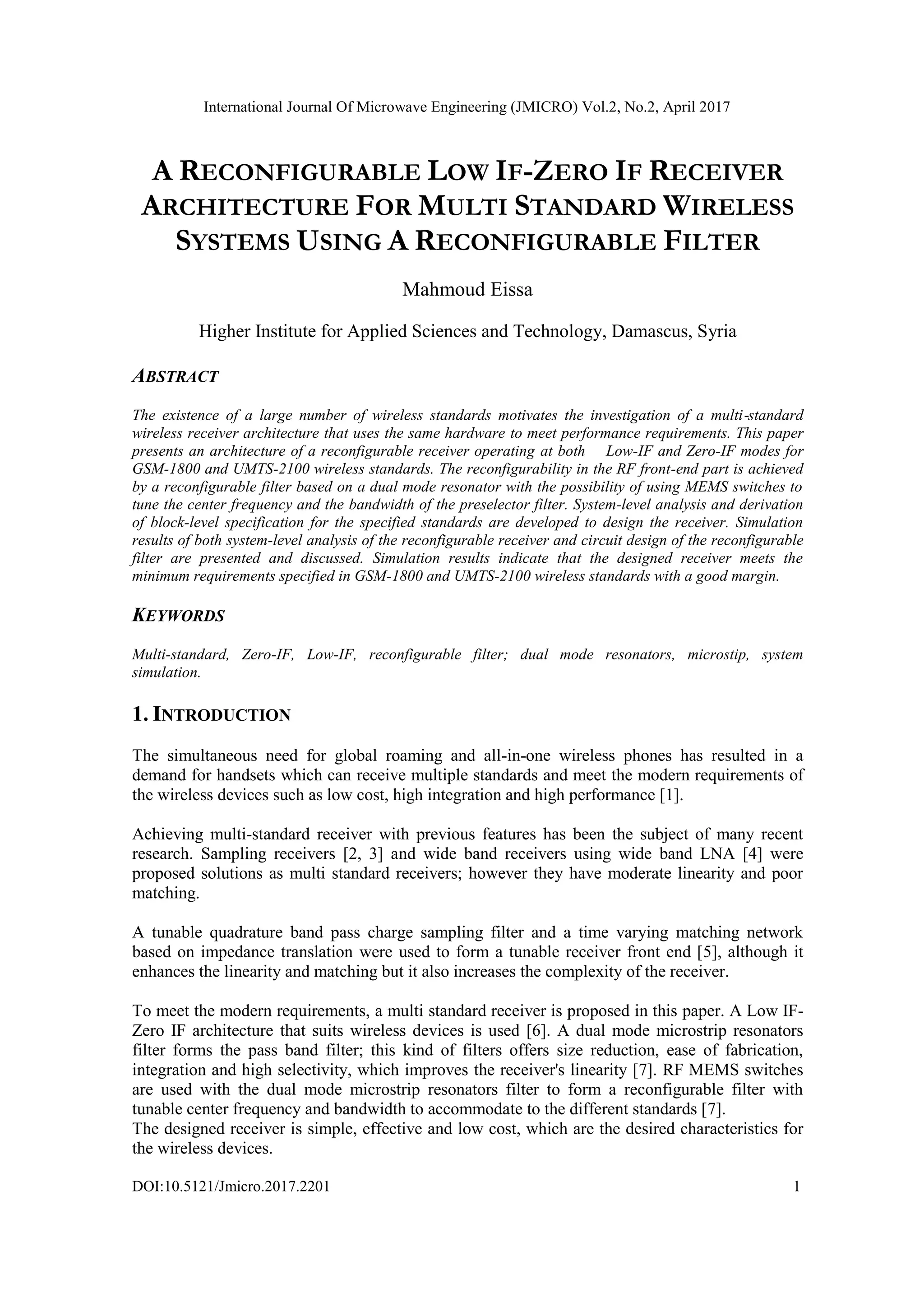 A Reconfigurable Low If Zero If Receiver Architecture For Multi