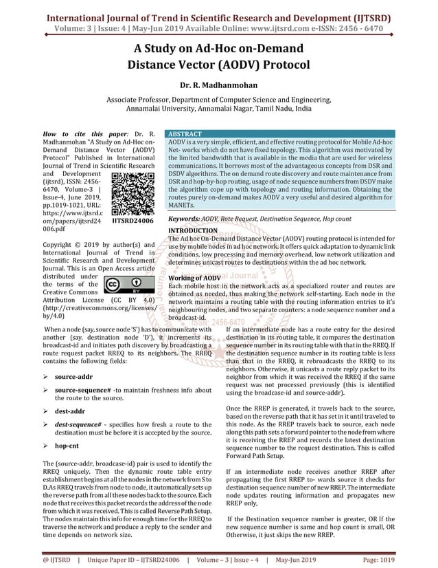 A Study on Ad Hoc on Demand Distance Vector AODV Protocol | PDF