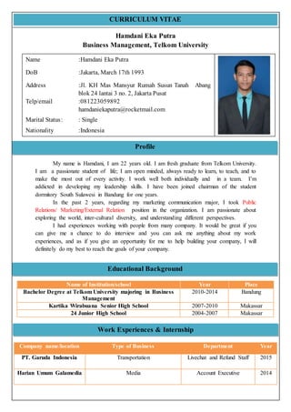 CV HAMDANI EKA PUTRA | DOCX | Business Administration | Business
