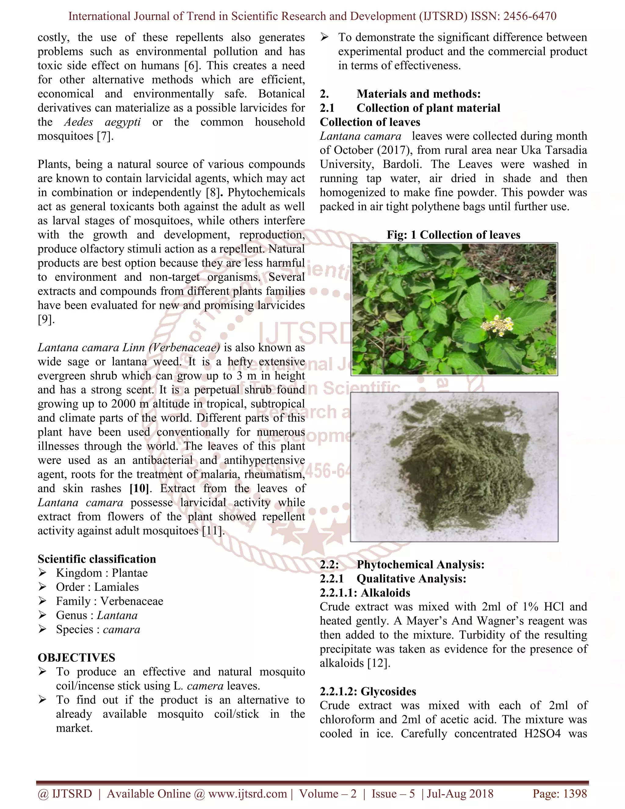 Efficacy of Leaves of Lantana Camara as Mosquito Repellent | PDF