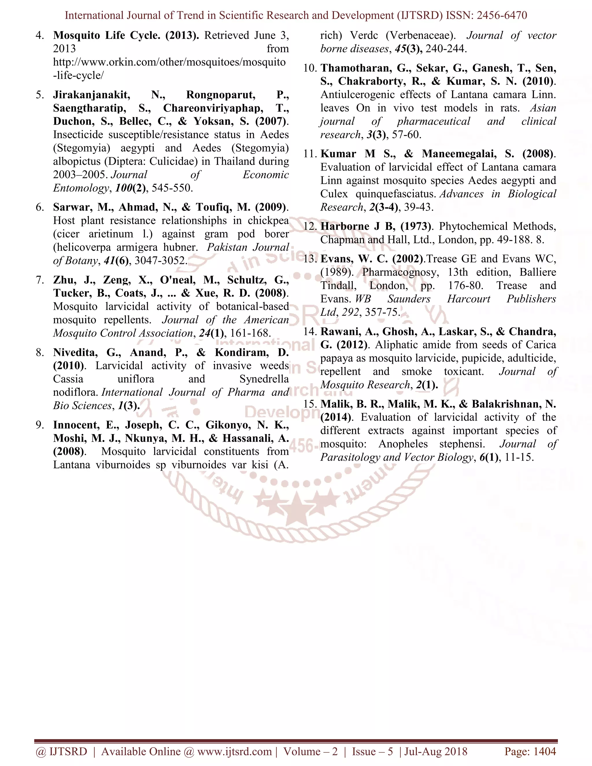 Efficacy of Leaves of Lantana Camara as Mosquito Repellent | PDF