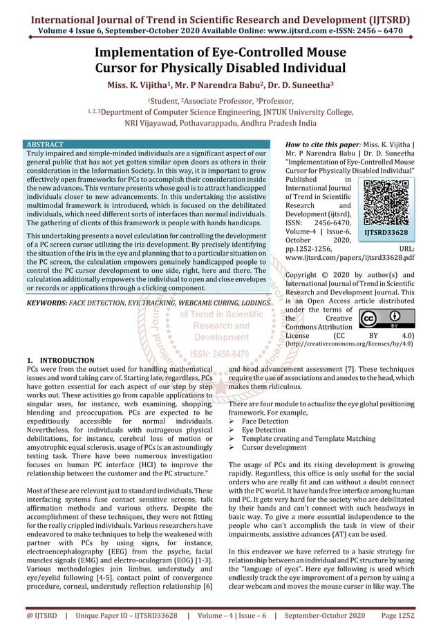 Implementation of Eye Controlled Mouse Cursor for Physically Disabled Individual | PDF