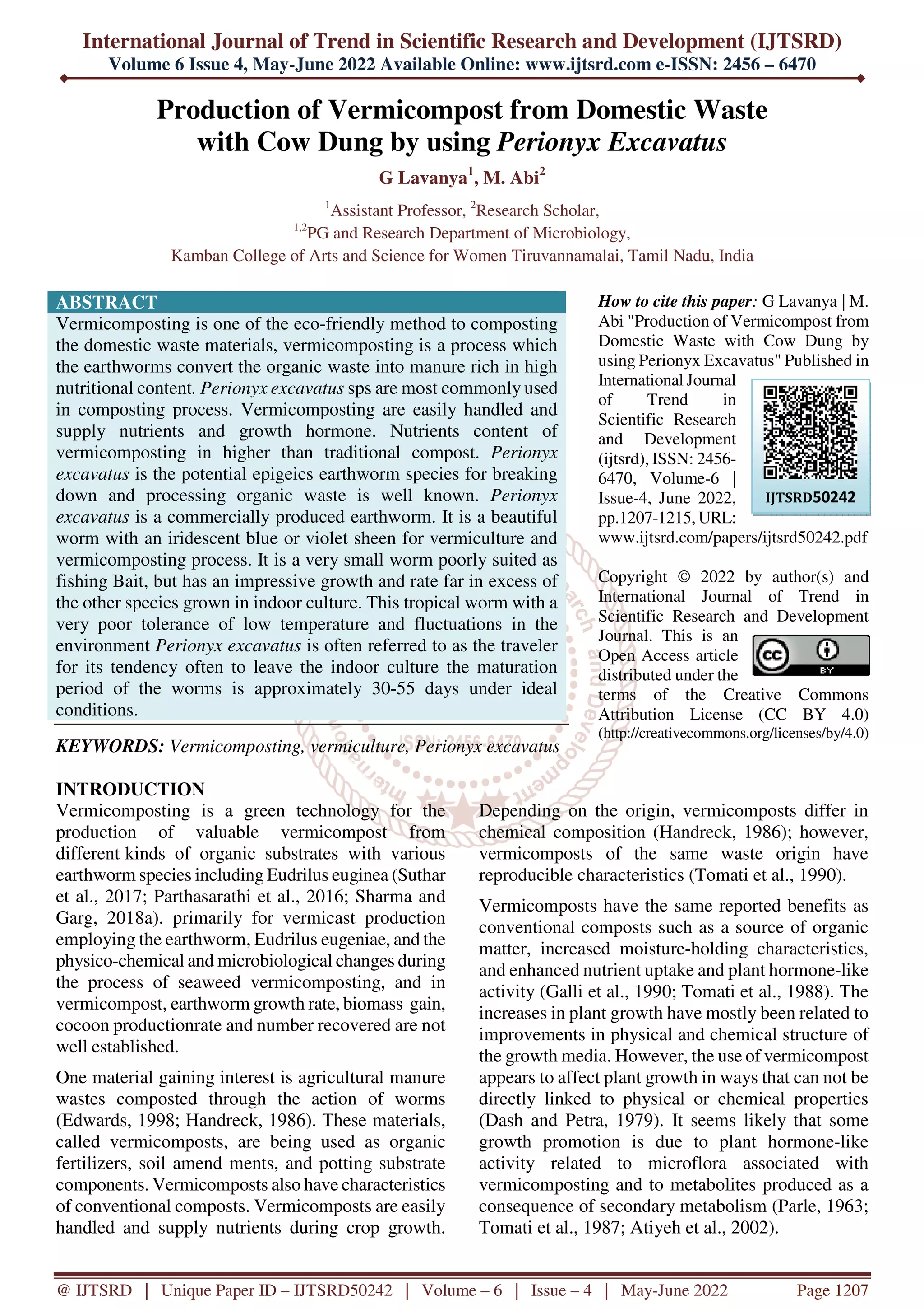 Production of Vermicompost from Domestic Waste with Cow Dung by using ...