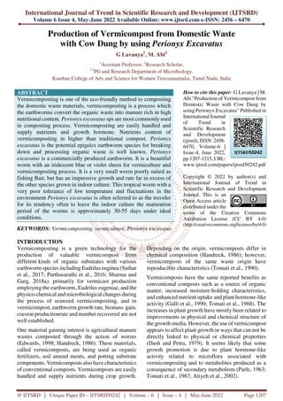 Production of Vermicompost from Domestic Waste with Cow Dung by using ...