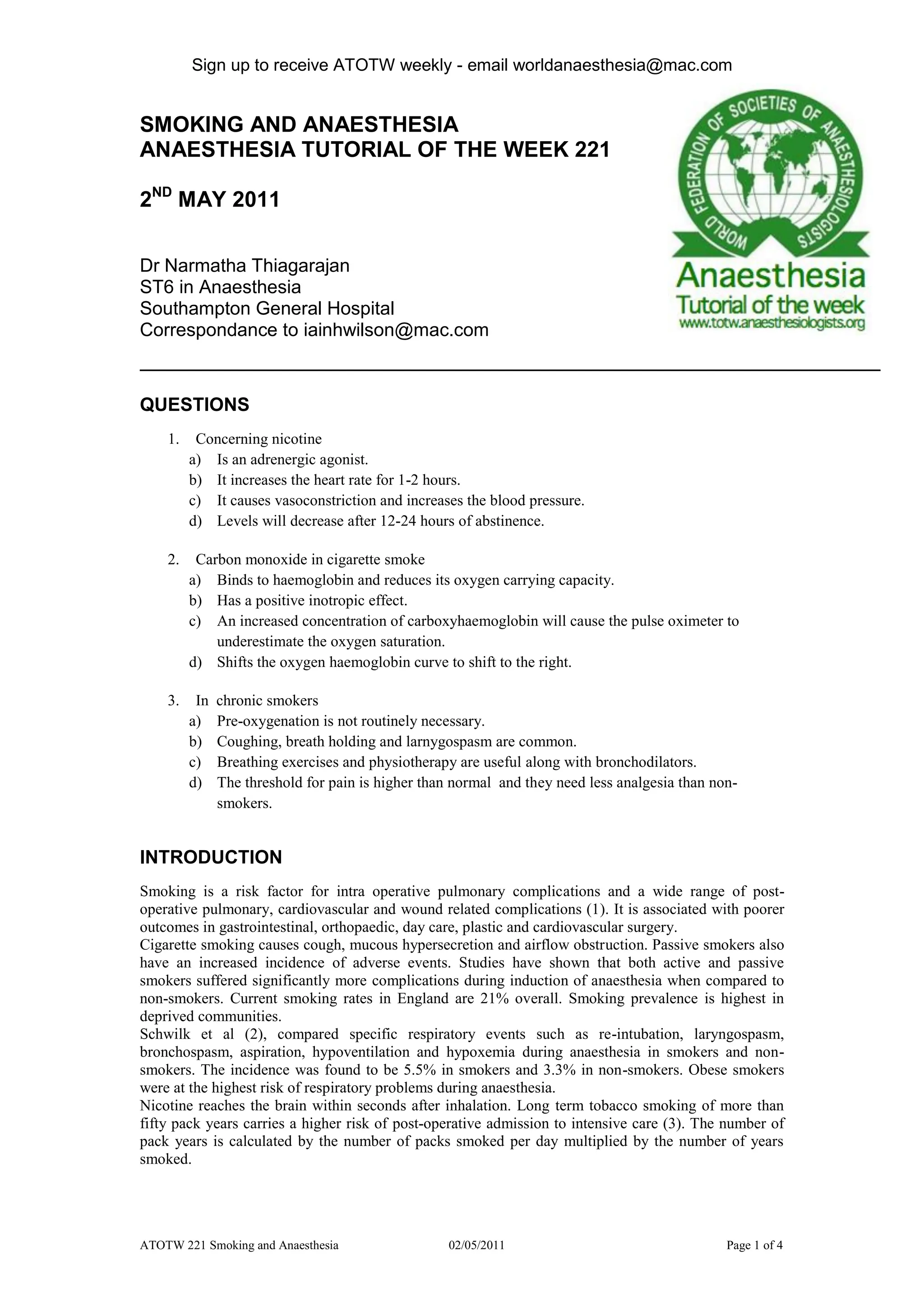 221 Smoking and Perioperative Anaesthesia | PDF