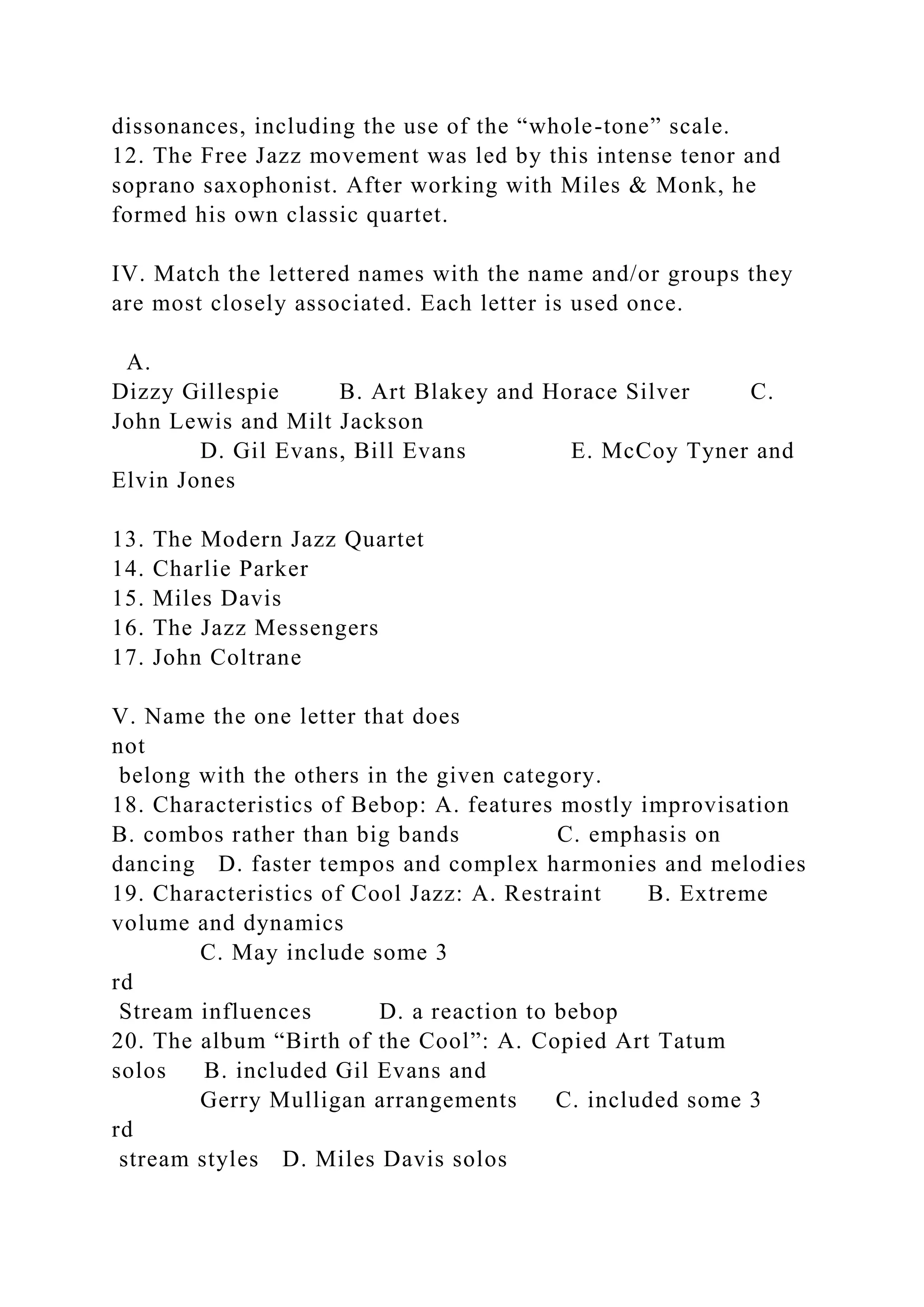 2220 Quiz #2I. Match the time periods with the Jazz styles and a.docx