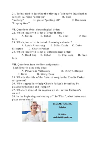 2220 Quiz #2I. Match the time periods with the Jazz styles and a.docx