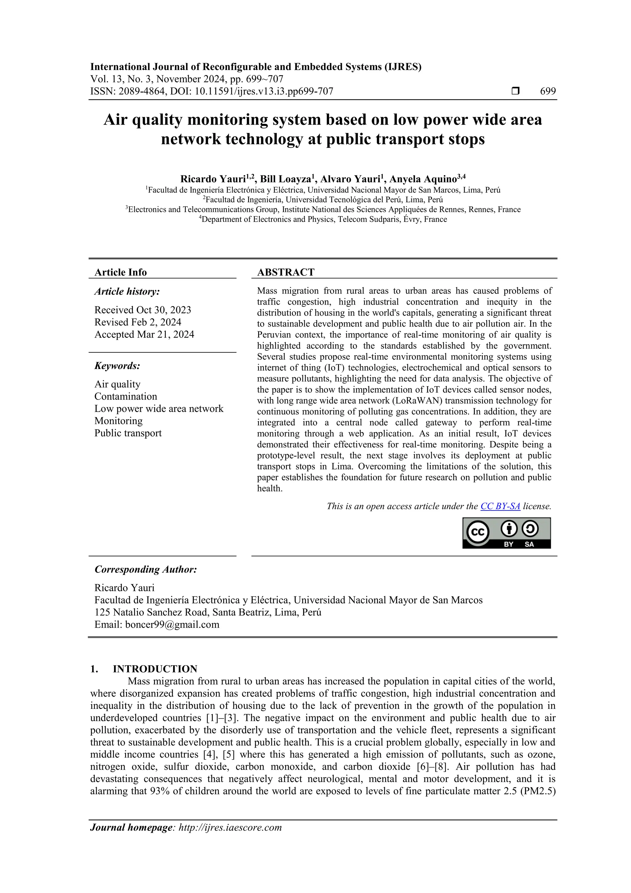 Air quality monitoring system based on low power wide area network ...