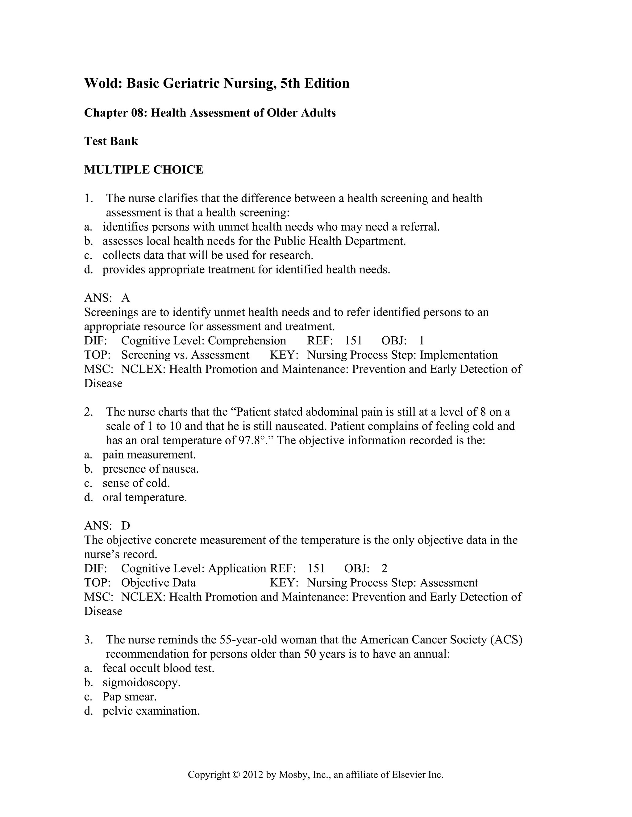 Basic Geriatric Nursing 5th Edition Wold Test Bank | PDF