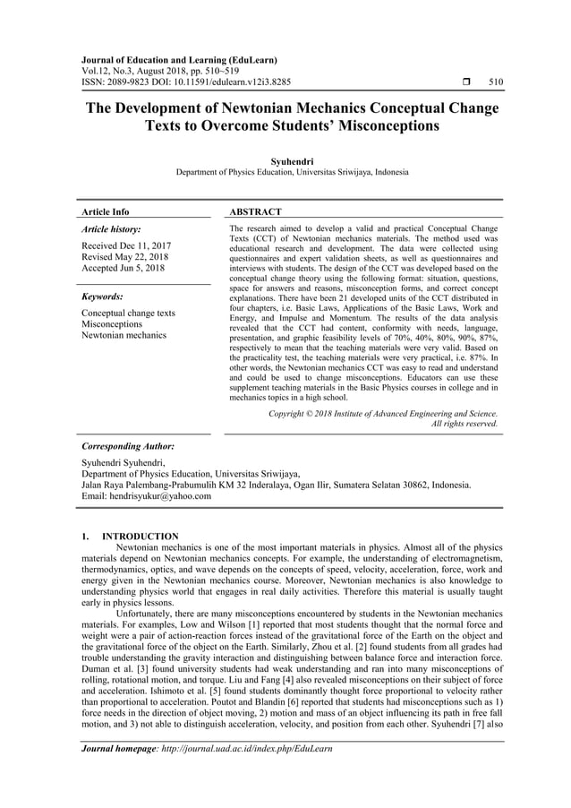 The Development of Newtonian Mechanics Conceptual Change Texts to Overcome Students ...