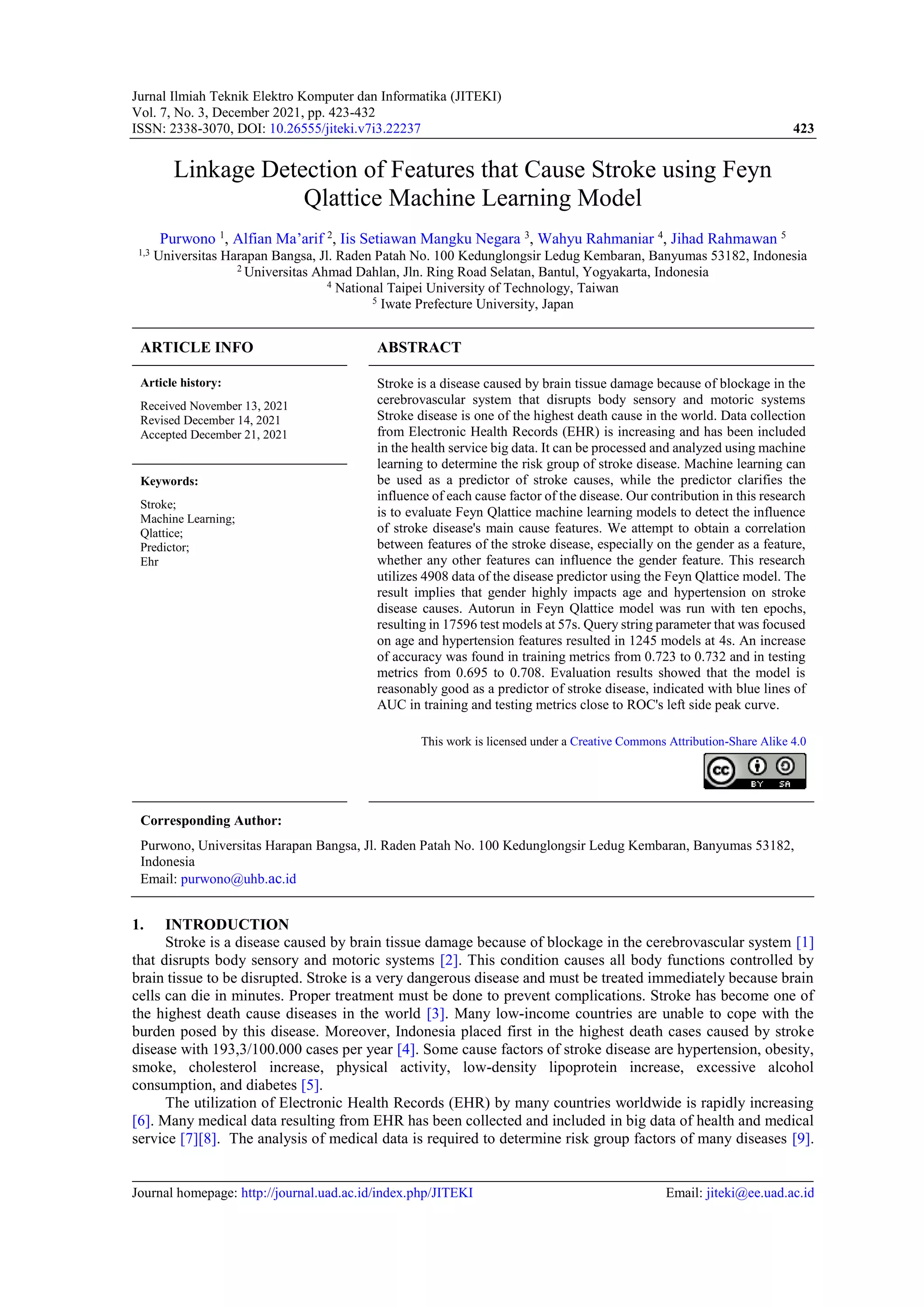 Linkage Detection of Features that Cause Stroke using Feyn Qlattice Machine Learning Model | PDF