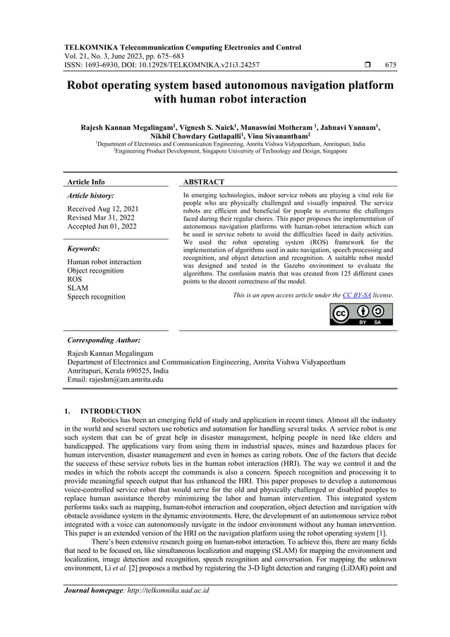 Robot operating system based autonomous navigation platform with human robot interaction | PDF