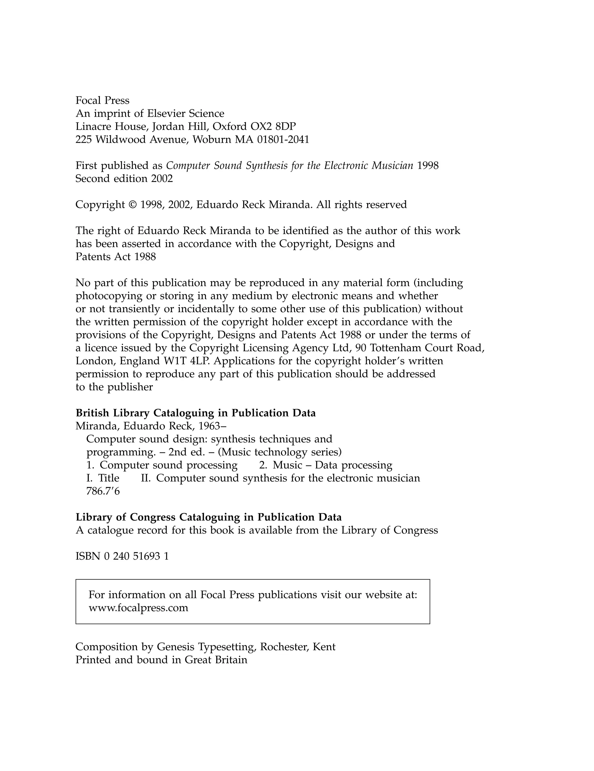 Computer Sound Design Synthesis Techniques And Programming 2nd Edition ...