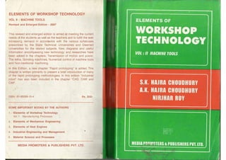 Elements Of Workshop Technologyii 1st Edition S K Hajra Choudhury | PDF
