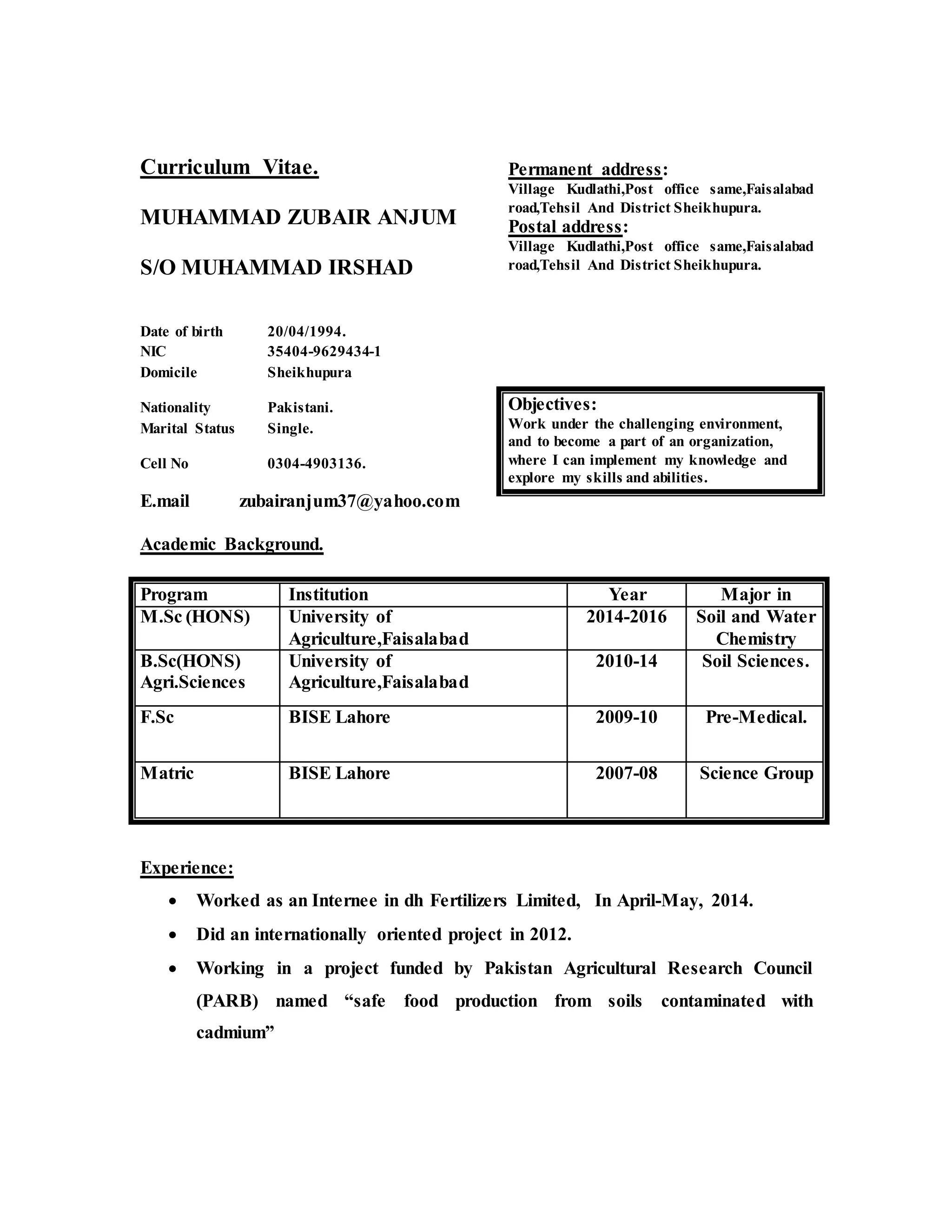 ZUBAIR C.V | DOCX | Agriculture | Industries