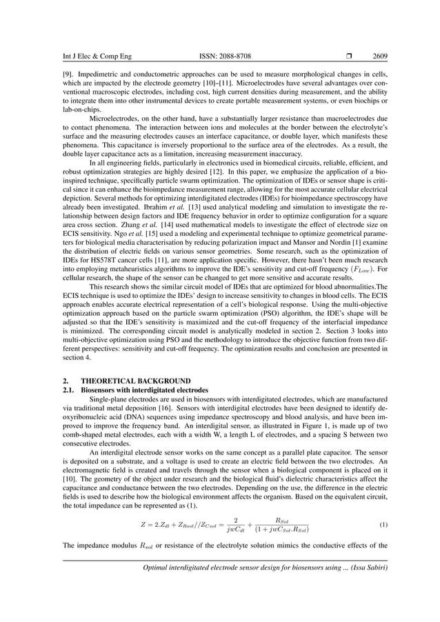 Optimal interdigitated electrode sensor design for biosensors using multi-objective particle ...