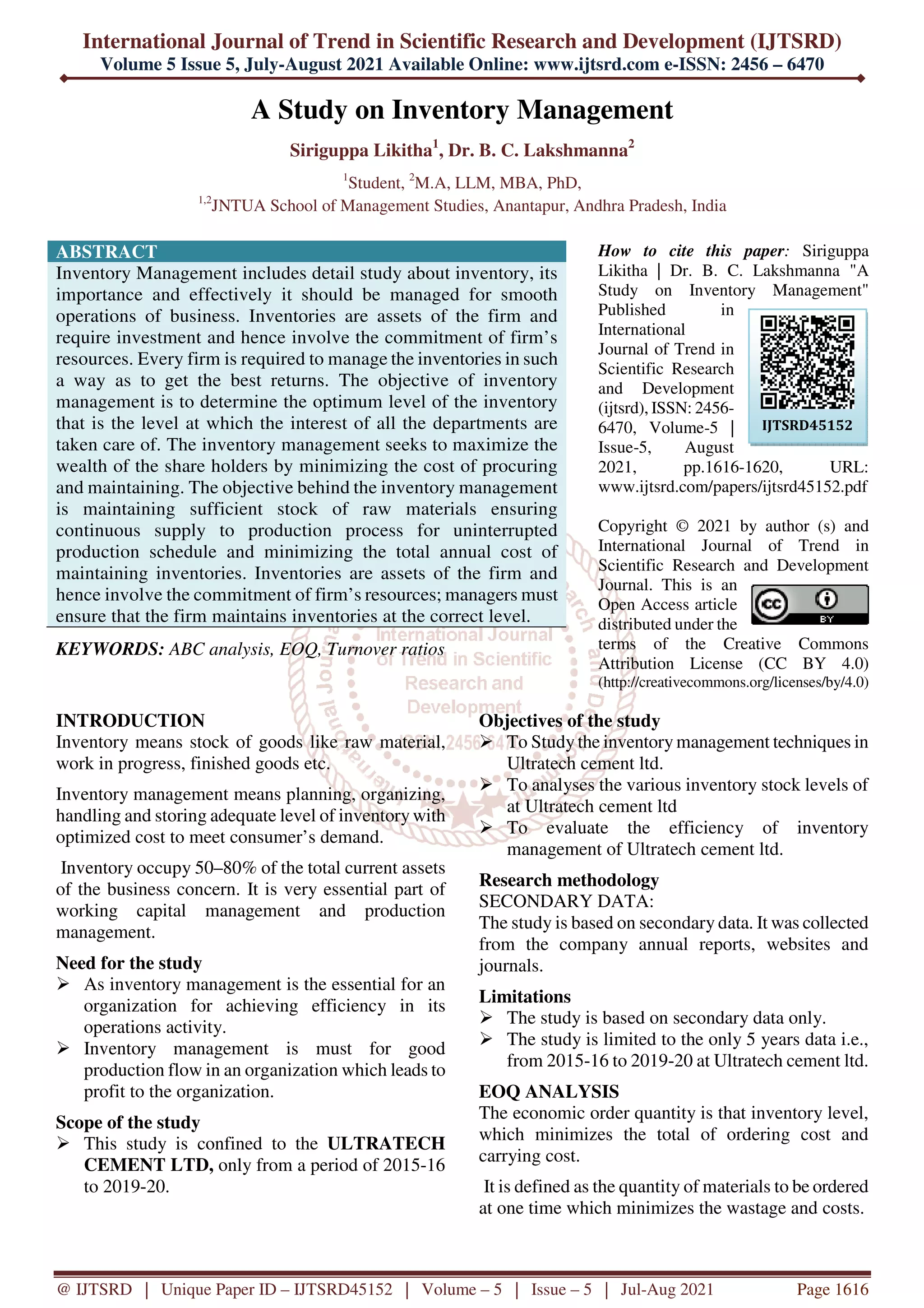 A Study on Inventory Management | PDF