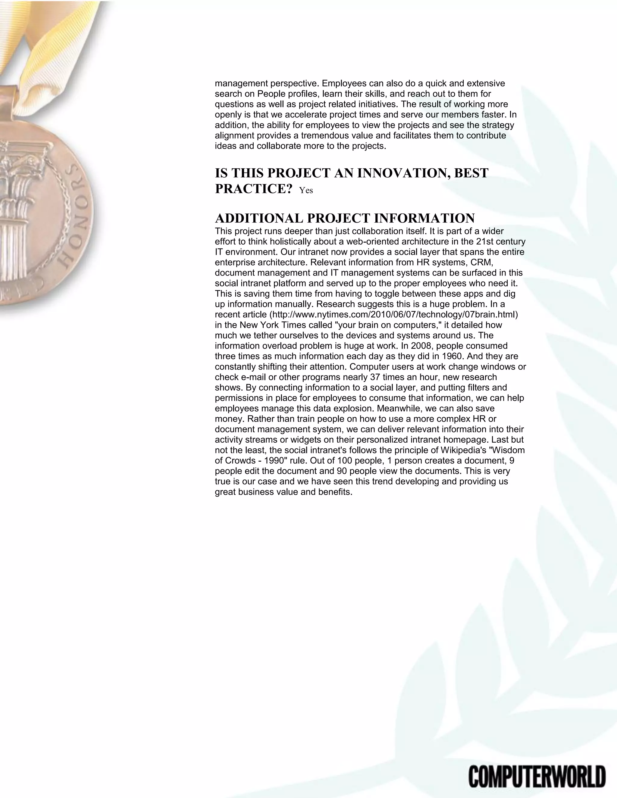 2011 ComputerWorld Honors Program - Award Case Study | PDF