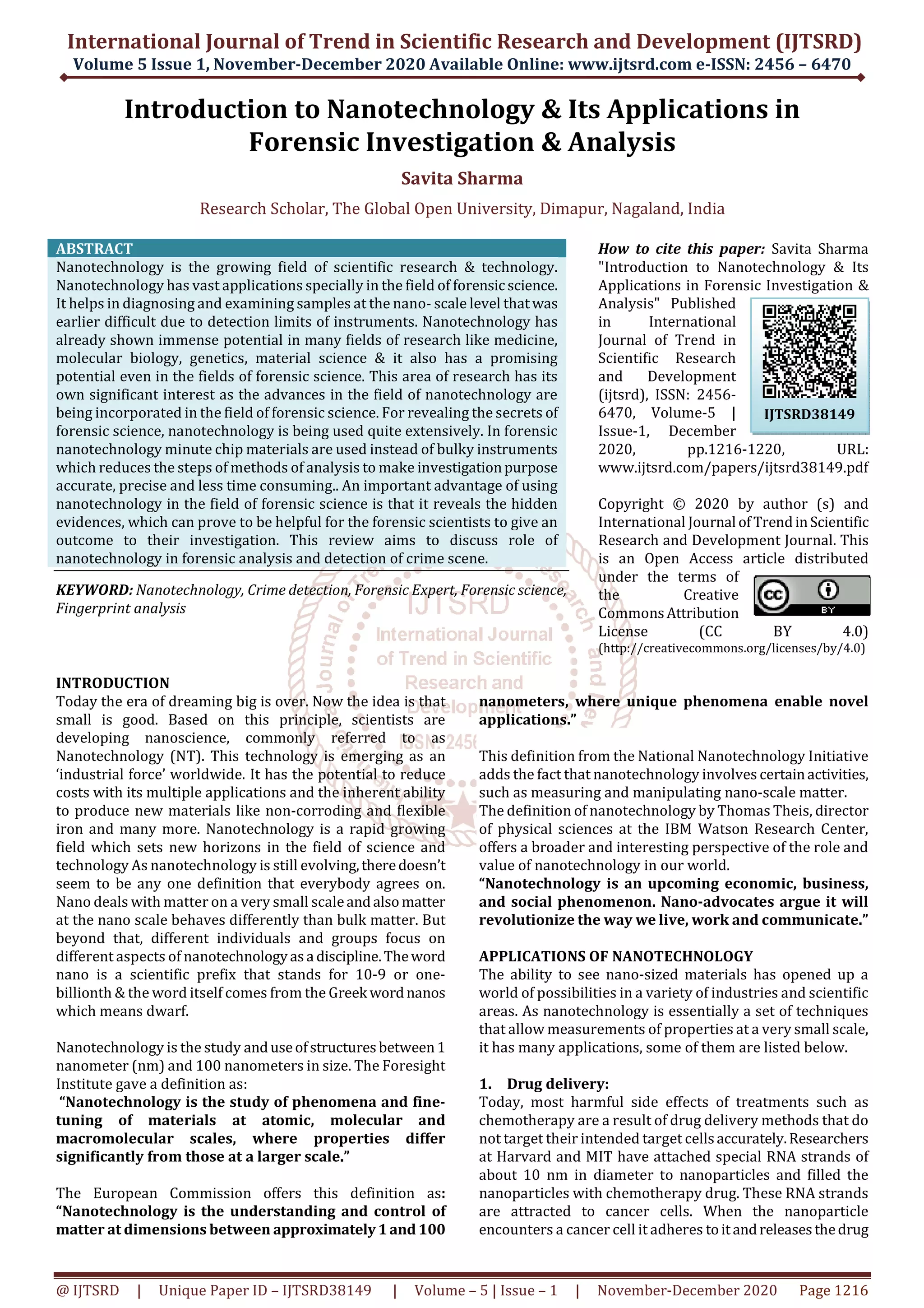 Introduction to Nanotechnology and Its Applications in Forensic Investigation and Analysis | PDF