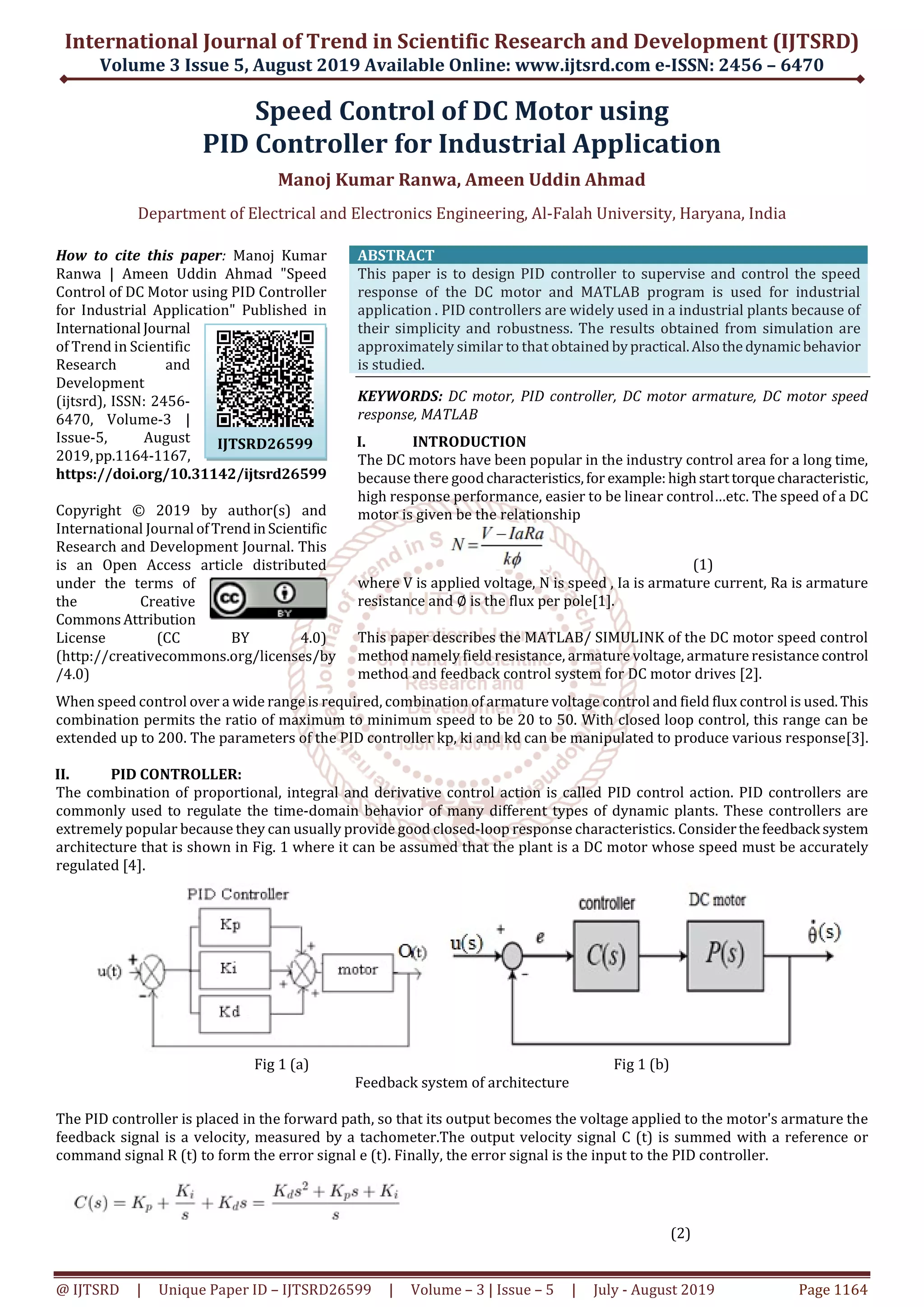 Speed Control of DC Motor using PID Controller for Industrial ...